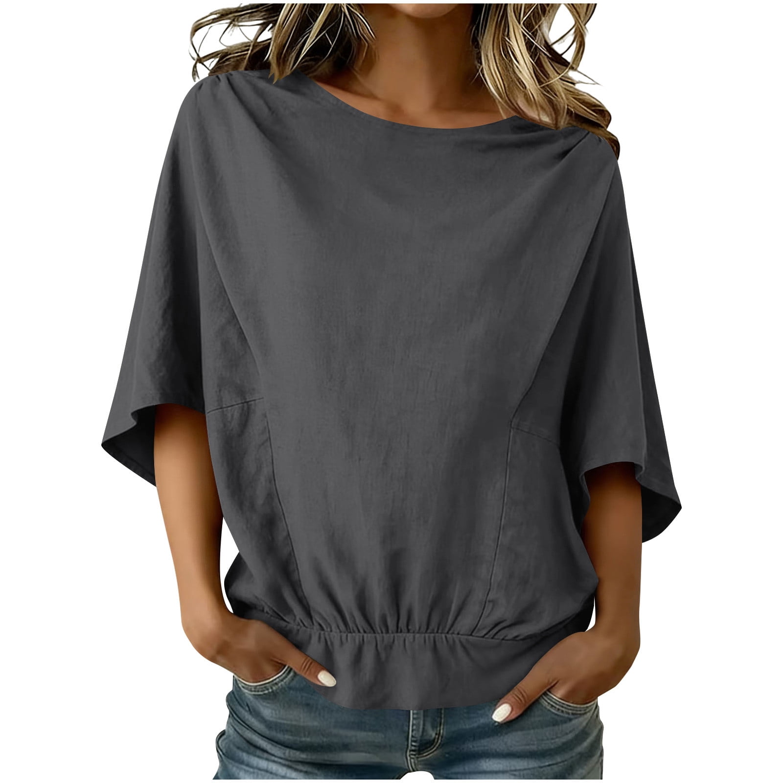 FAHUOMU Women's Tunic Tops 3/4 Sleeve Shoulder Ruched Summer Tees Solid ...