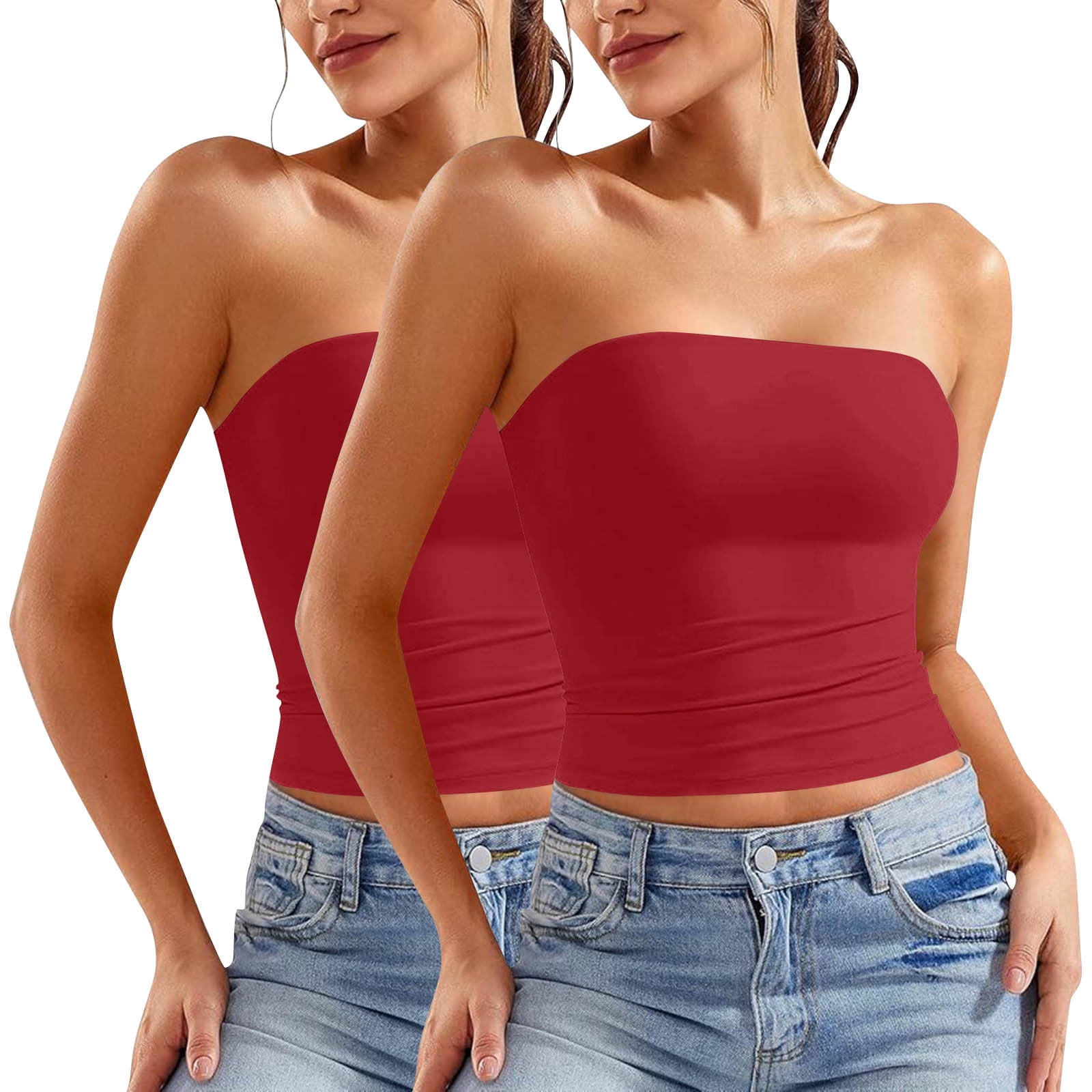 FAHXNVB 2 Pack Womens Summer Tube Tops No Pad Clubwear Y2K Going Out ...