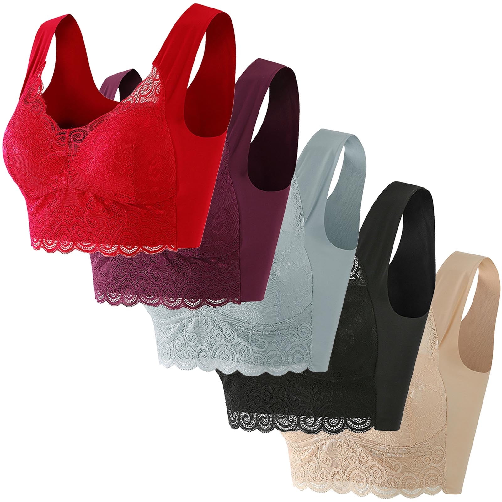 FAHXNVB 5 Pcs Wireless Bras for Women Floral Contrast Lace Comfy Full ...