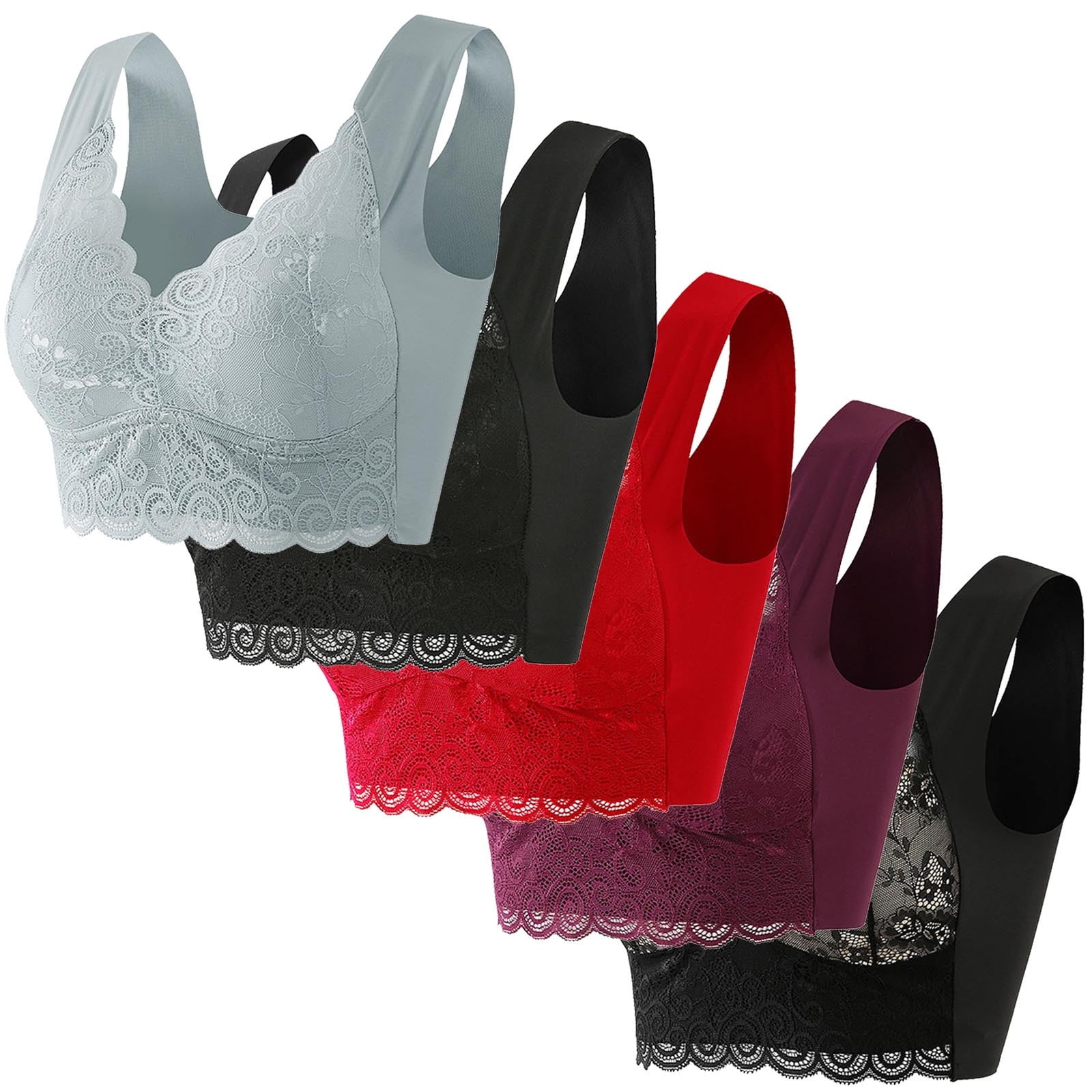 FAHXNVB 5 Pcs Wireless Bras for Women Floral Contrast Lace Comfy Full ...