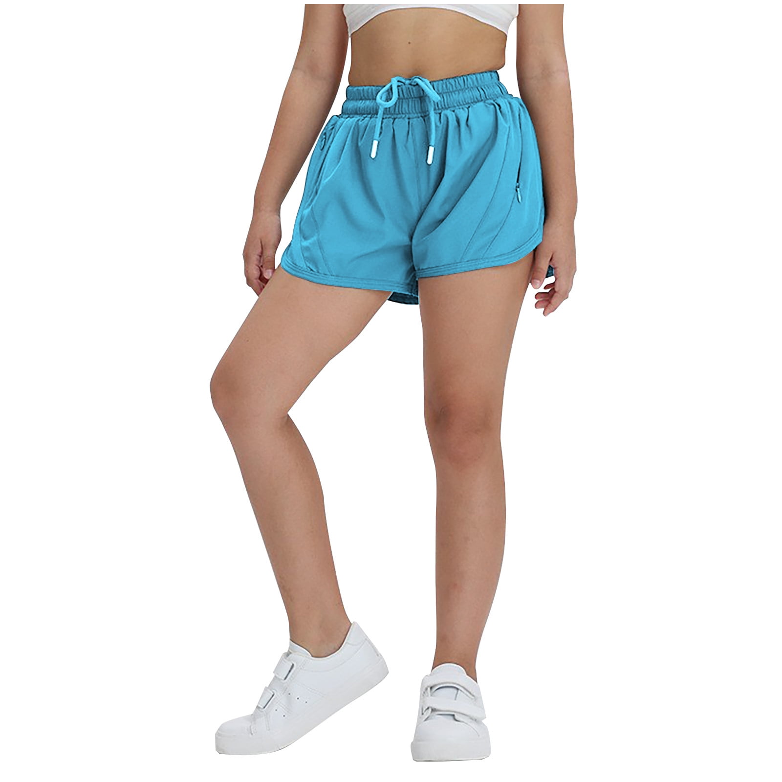 FAHXNVB Girl's Athletic Shorts with Zipper Pockets Fake Two Piece Solid ...