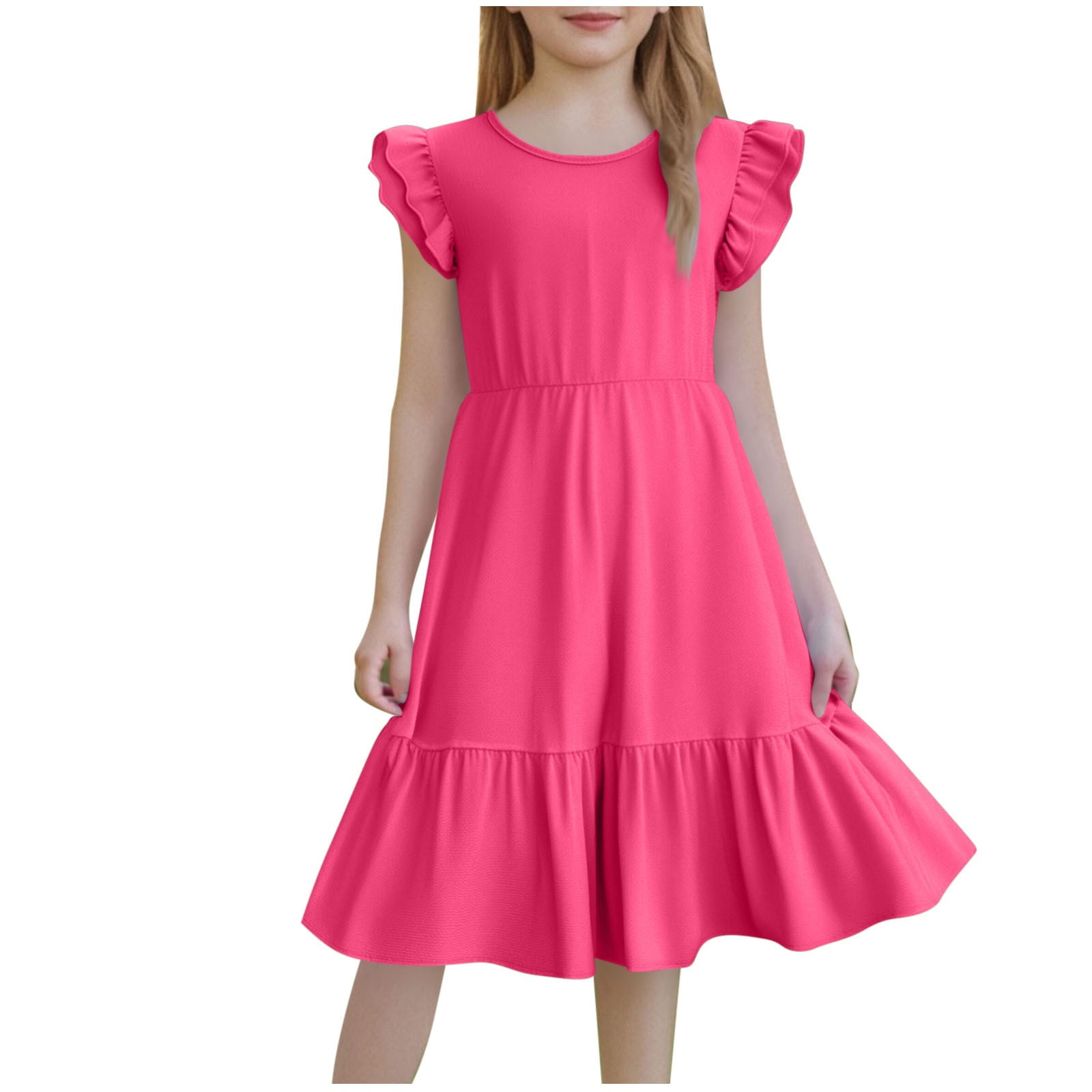 FAHXNVB Girls Crewneck Long Dress Solid Color Flutter Sleeve Ruffle Hem ...
