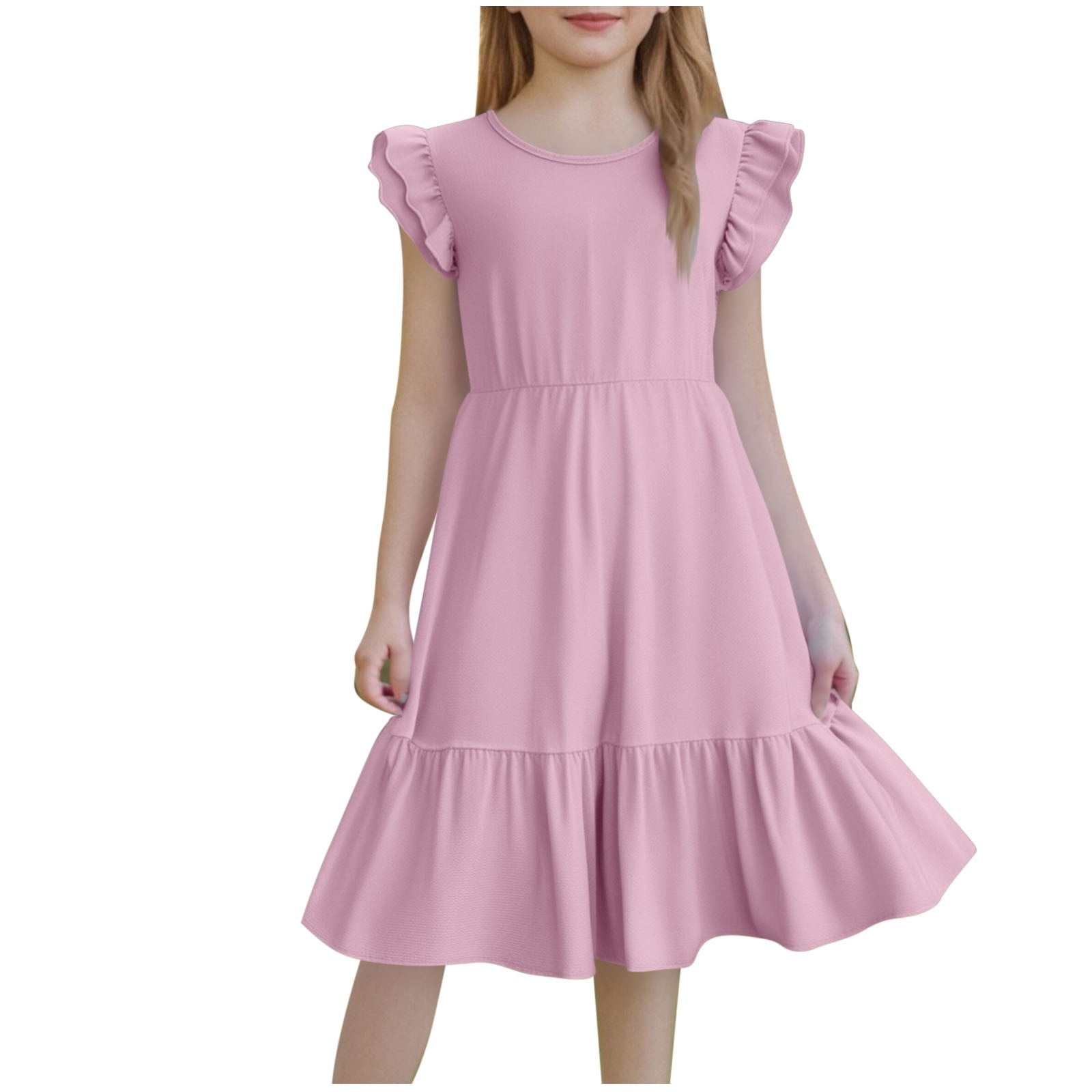 FAHXNVB Girls Crewneck Long Dress Solid Color Flutter Sleeve Ruffle Hem ...