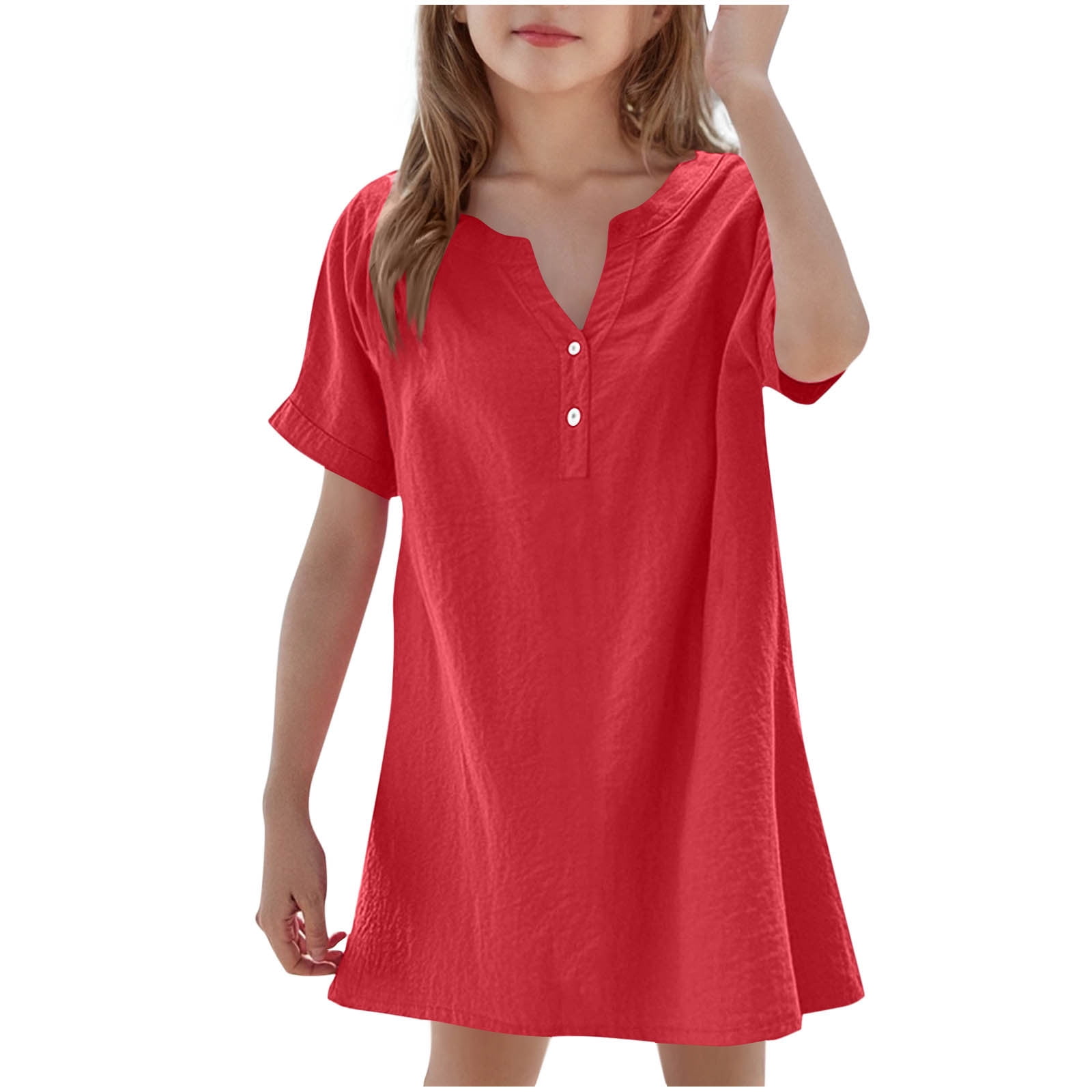 FAHXNVB Girls Dress Short Sleeve Kids V-Neck Button Down Solid Color ...