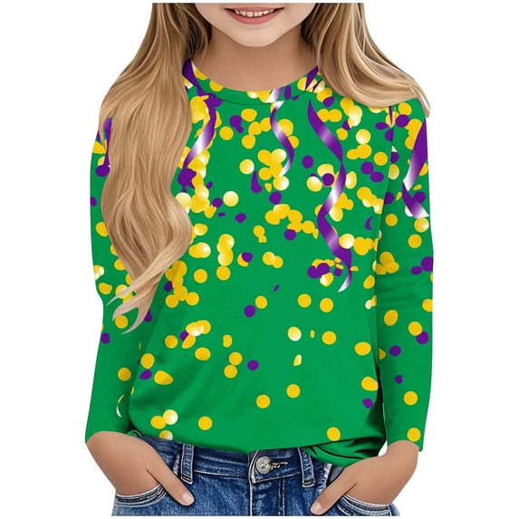 FAHXNVB Girls' Mardi Gras Mask Print 3/4 Sleeve Crewneck T shirt Loose ...