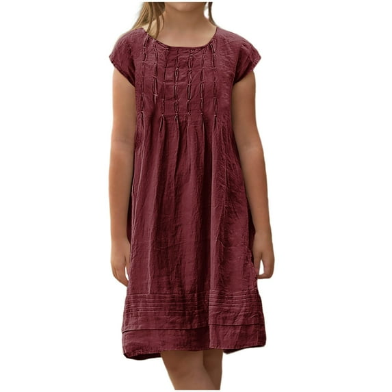 FAHXNVB Girls Midi Dress Crewneck Solid Color Short Sleeve Pleated A ...