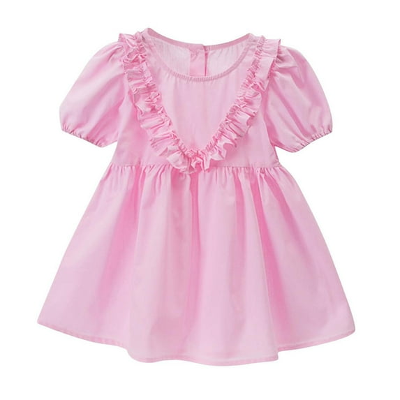 FAHXNVB Girls Midi Dress Solid Color Crewneck Short Sleeve A-Line Swing ...