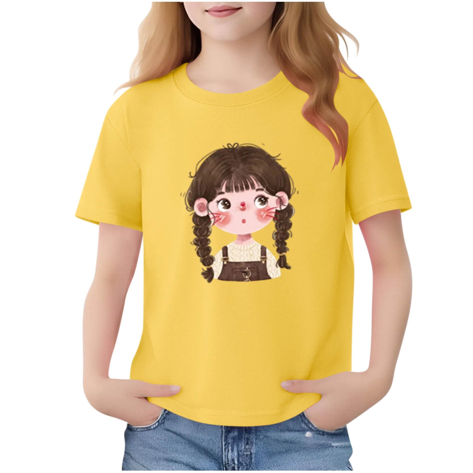 FAHXNVB Girls' Short Sleeve T-Shirts Crewneck Cute Girl Print Soft ...