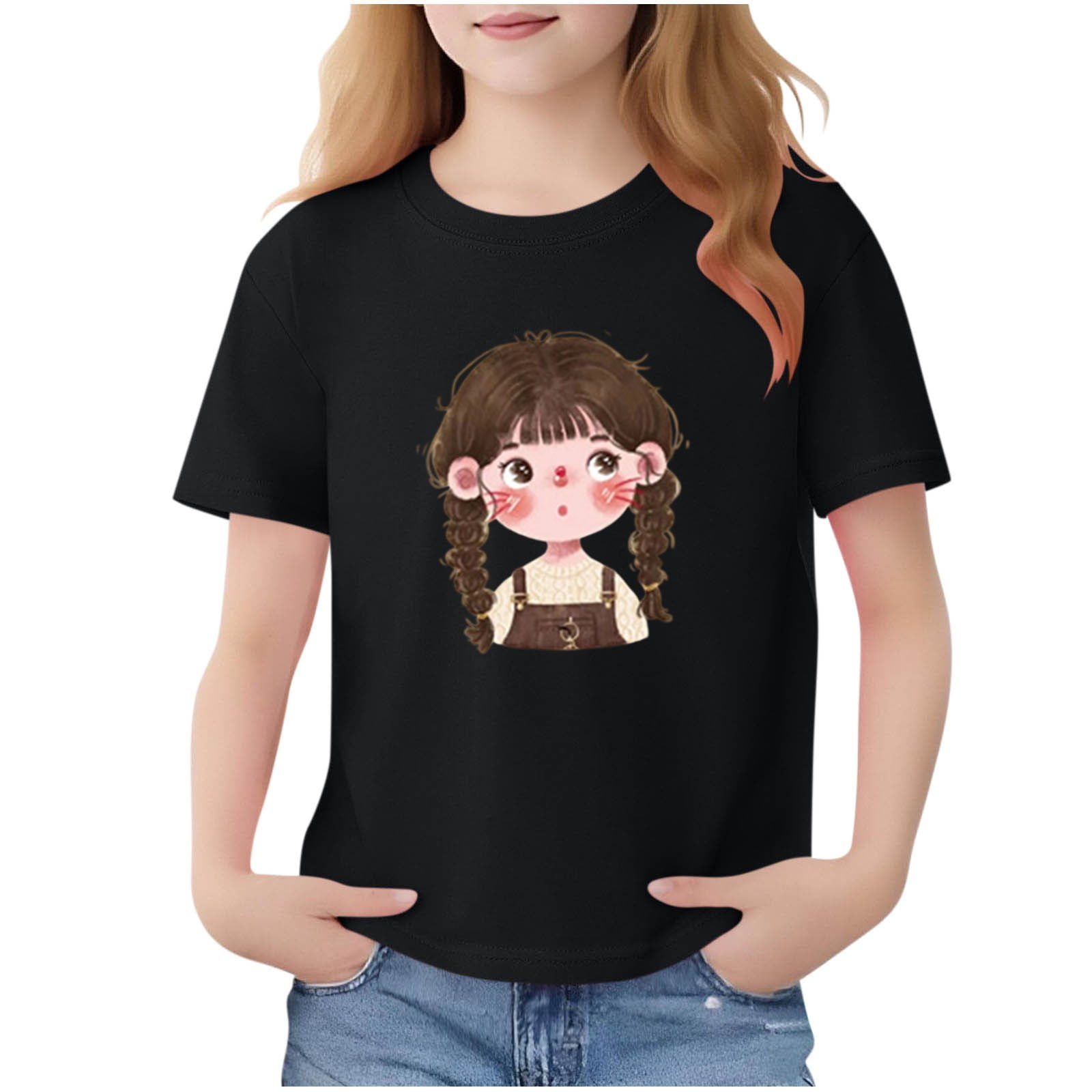 FAHXNVB Girls' Short Sleeve T-Shirts Crewneck Cute Girl Print Soft ...