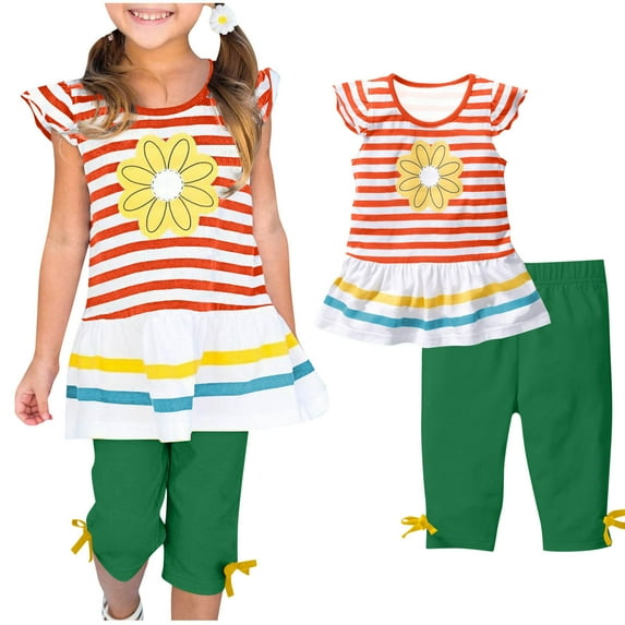 FAHXNVB Girls Summer Casual Clothing Suit Short Sleeve Striped Daisy ...