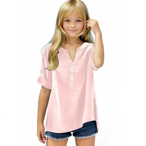 FAHXNVB Girls V-Neck Button T-Shirts Short Sleeve Kids Casual Summer ...