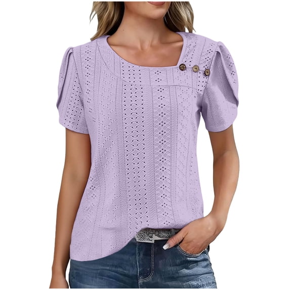 FAHXNVB Ladies' Eyelet Lace T-Shirts Puff Short Sleeve Button Square ...