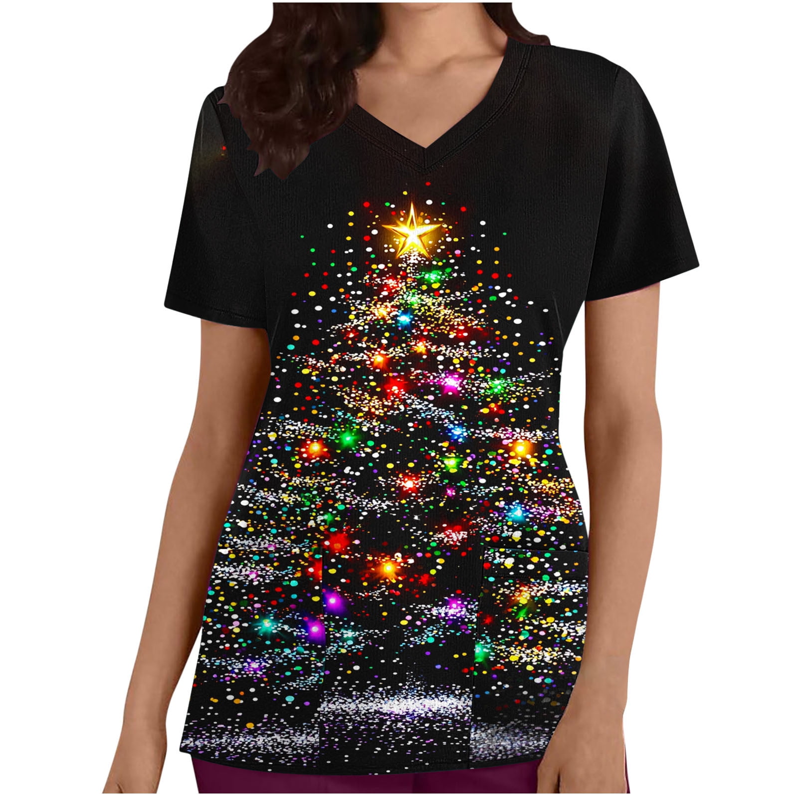 FAHXNVB Merry Christmas Tshirt Women Cute Santa Christmas Tree Graphic ...