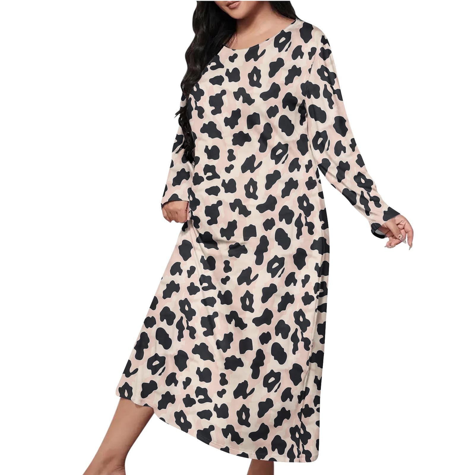 FAHXNVB Nightgowns for Women Soft Leopard Print Long Sleeve Crewneck ...