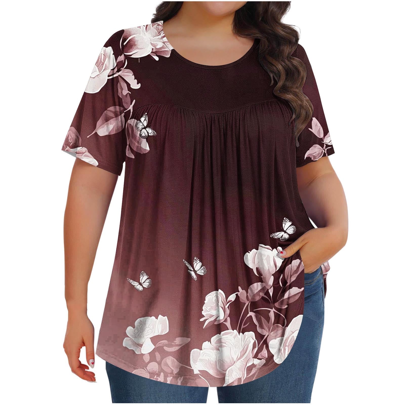 FAHXNVB Plus Size Crewneck T-Shirts for Womens Short Sleeve Floral ...