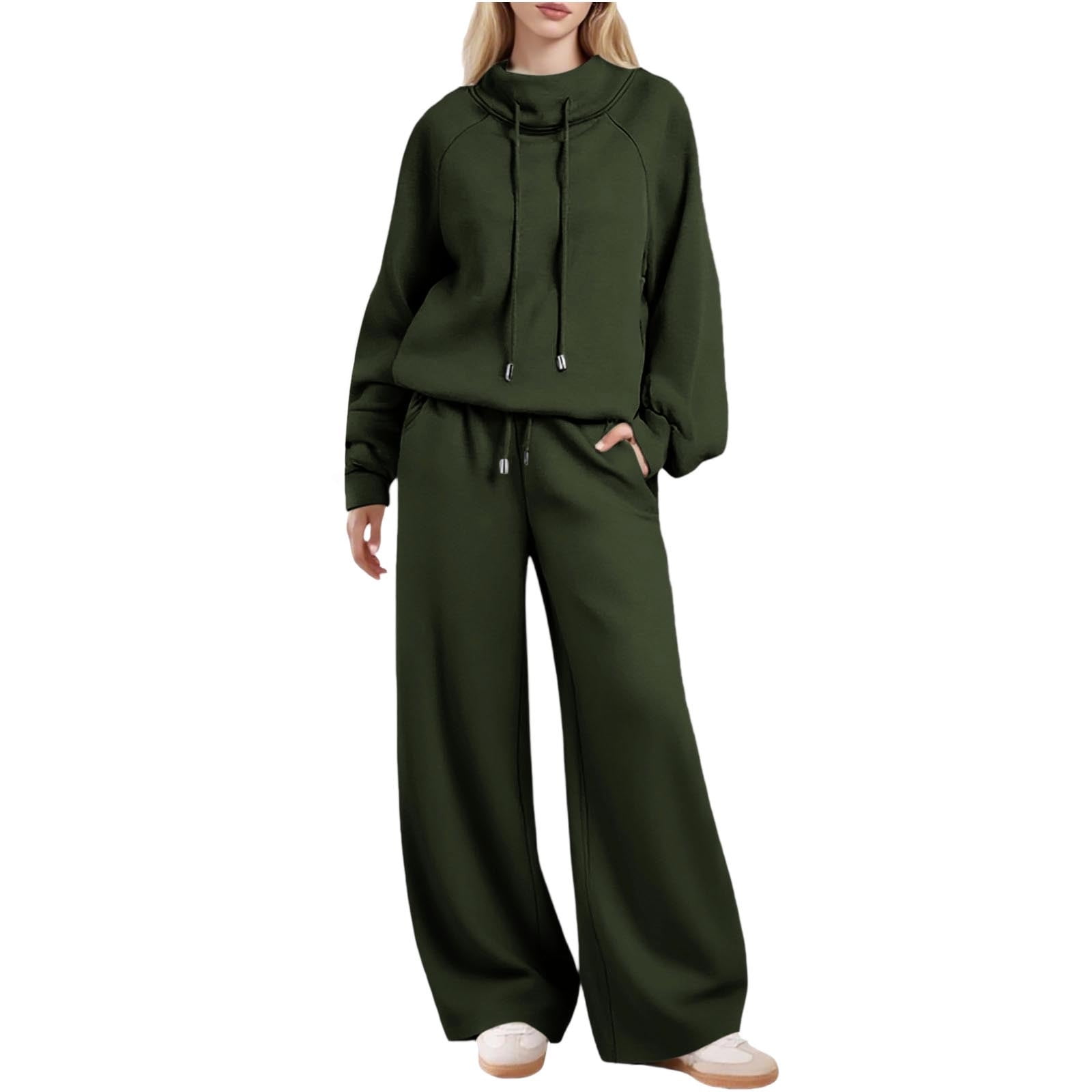 FAHXNVB Women Fall 2 Piece Outfits Sweatsuits High Neck Long Sleeve ...