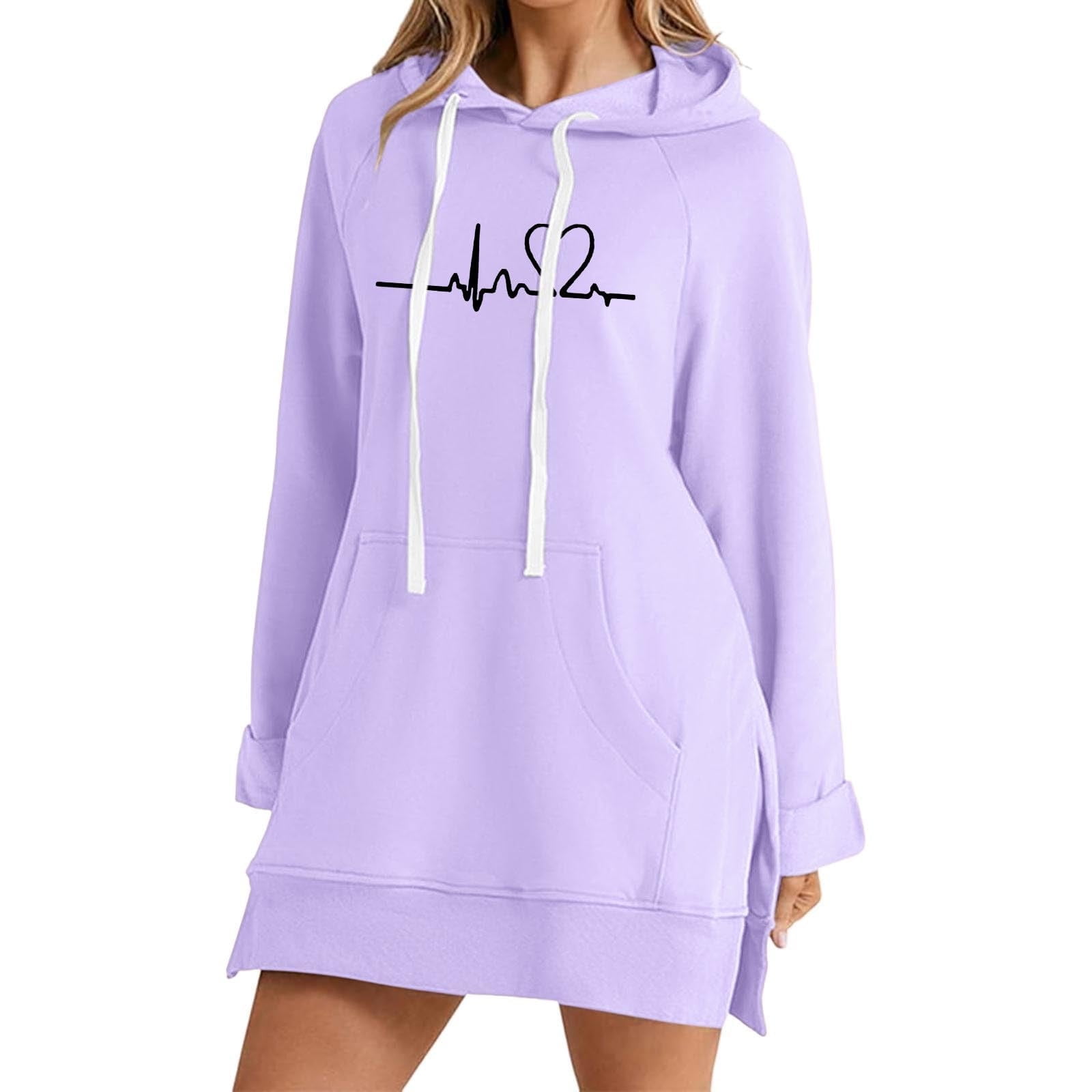 FAHXNVB Women Hoodies Dress Casual Long Sleeve Split Hem Hooded ...