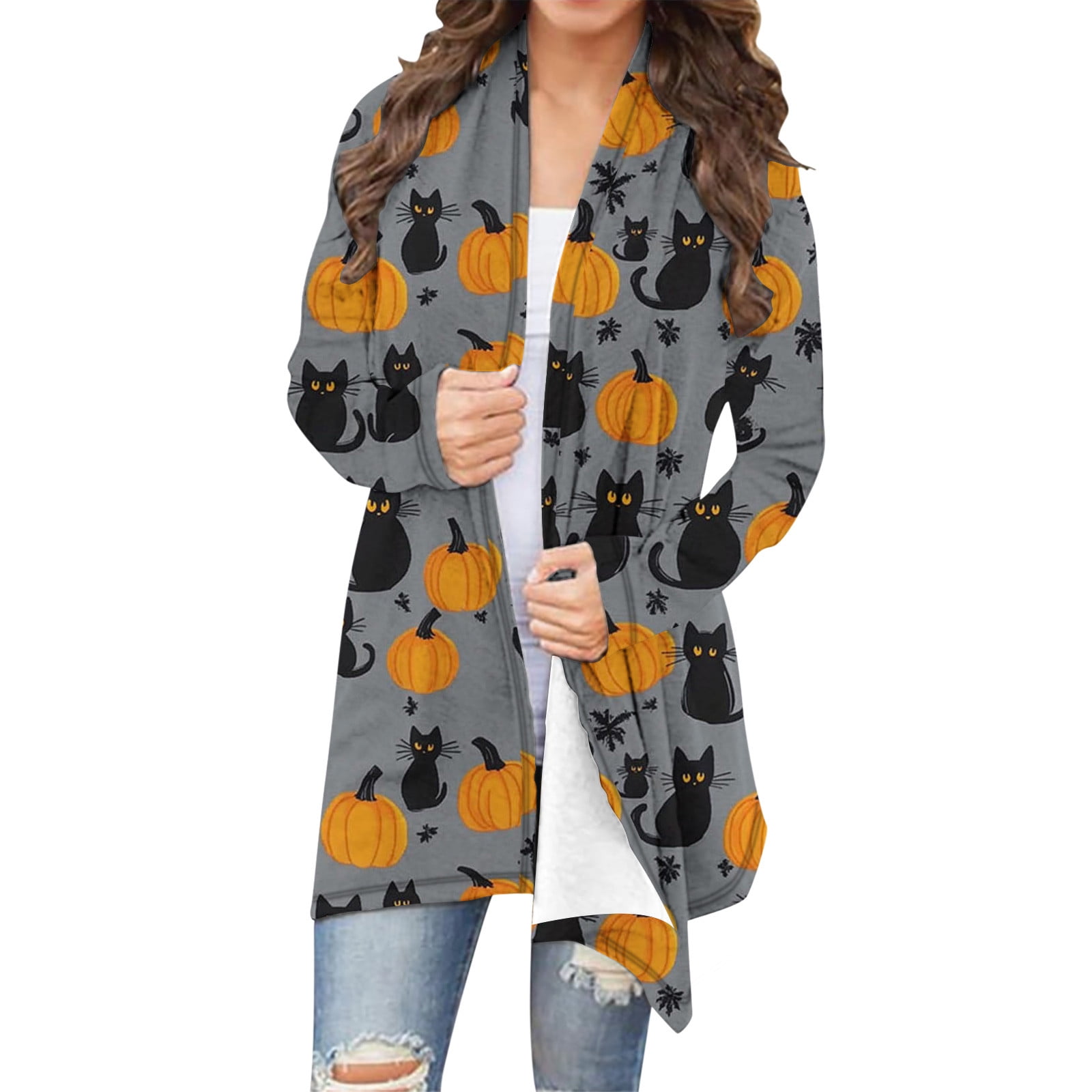 FAHXNVB Women Long Sleeve Open Front Cardigan Cute Pumpkin Black Cat ...