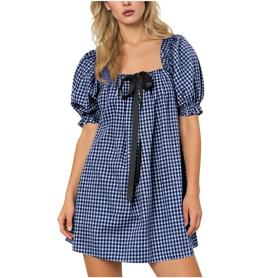 FAHXNVB Women Plaid Cropped Mini Dress Loose Fit Short Sleeve A Line ...