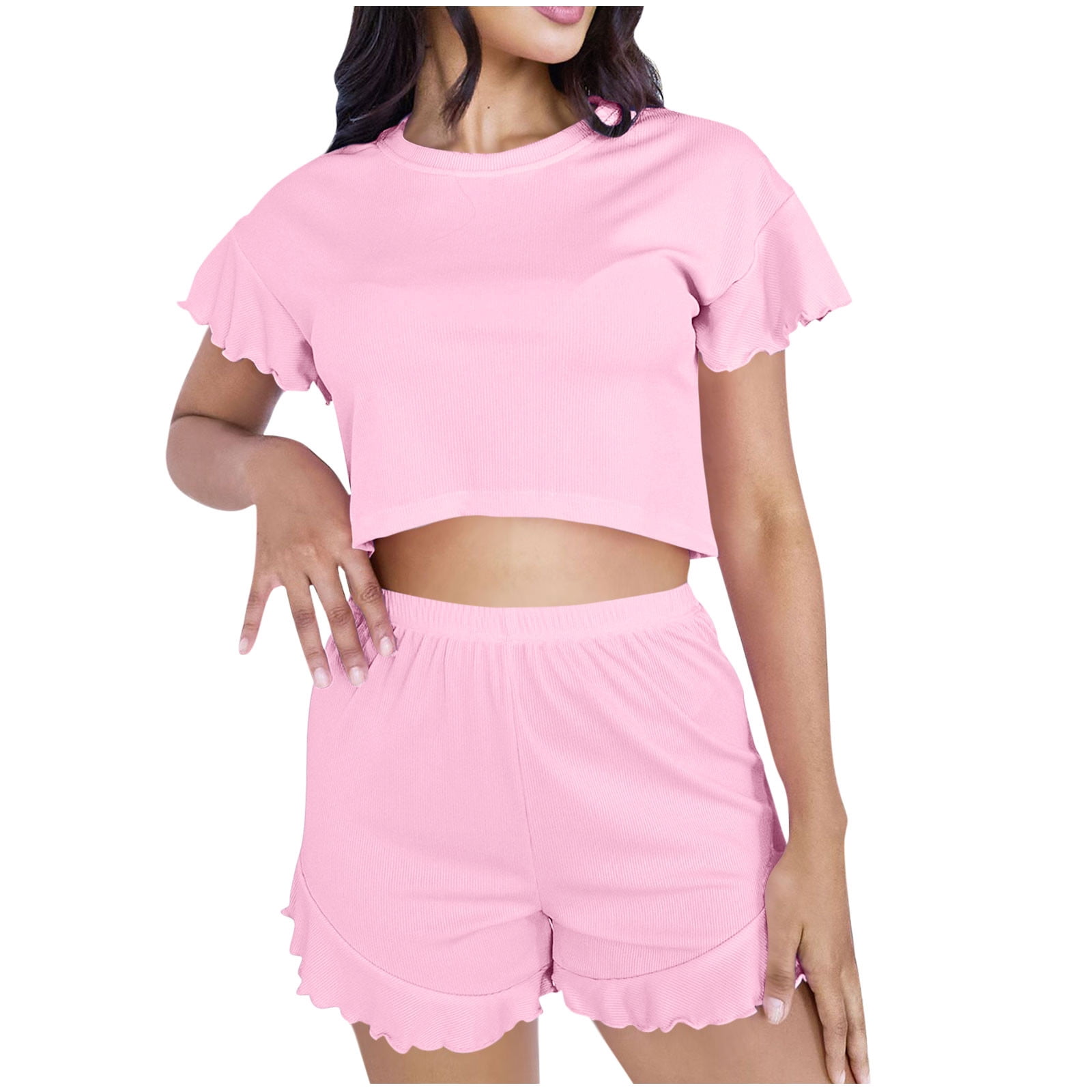 FAHXNVB Women's 2 Piece Pajama Set Summer Short Sleeve Ruffle Crop Top ...