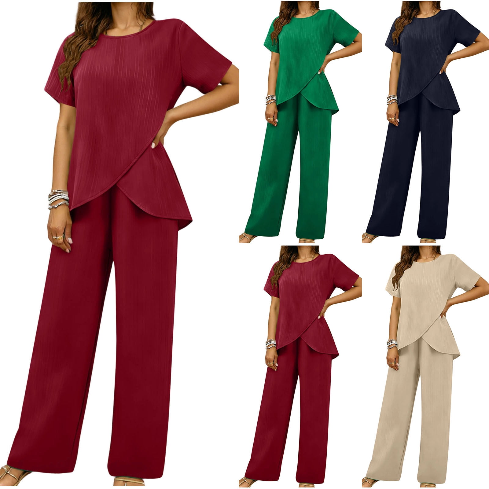 FAHXNVB Women's 2-Piece Sets Asymmetrical Hem Crew Neck Shirts and ...
