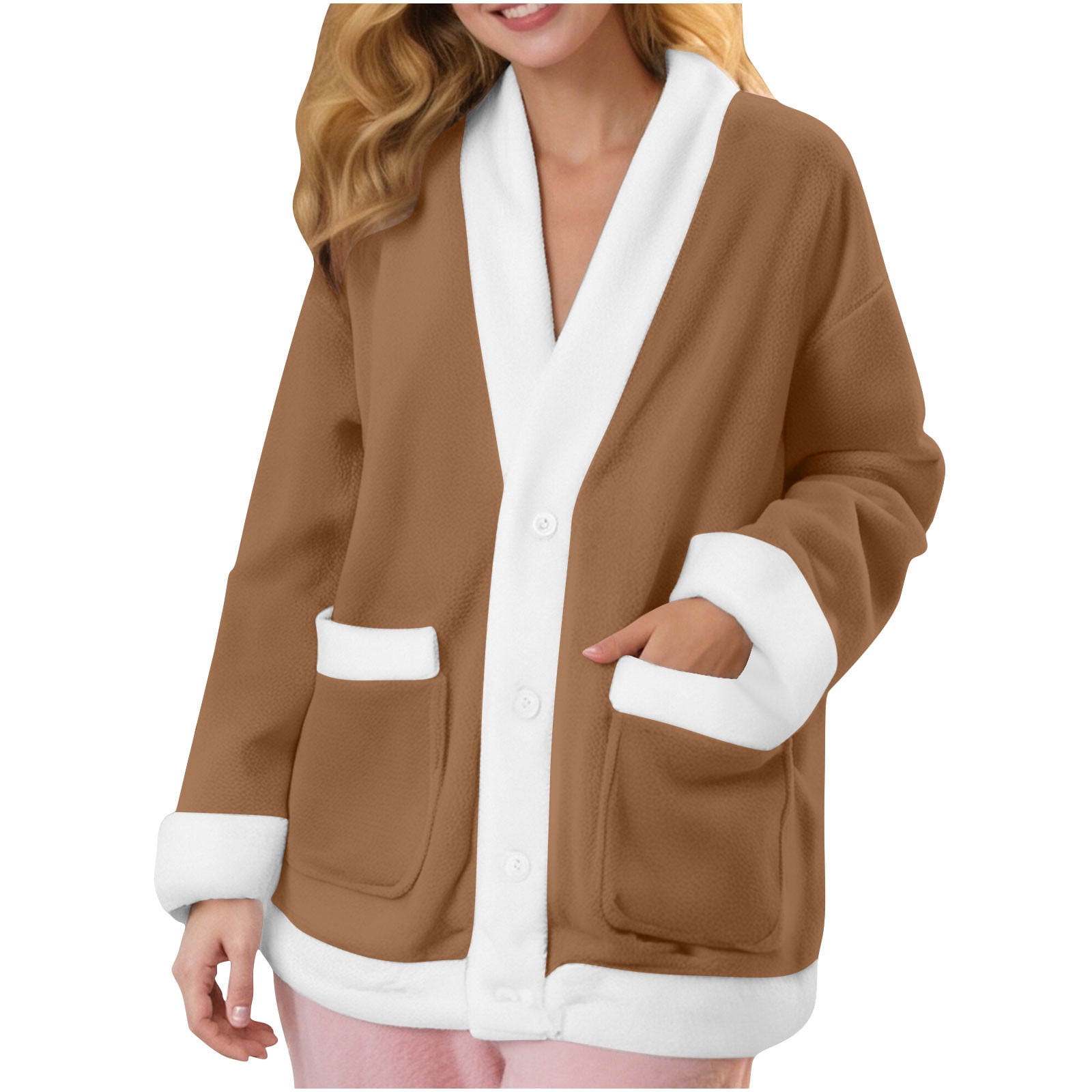 FAHXNVB Women's Fluffy Fleece Bed Jacket Long Sleeve Fuzzy Sleepwear ...