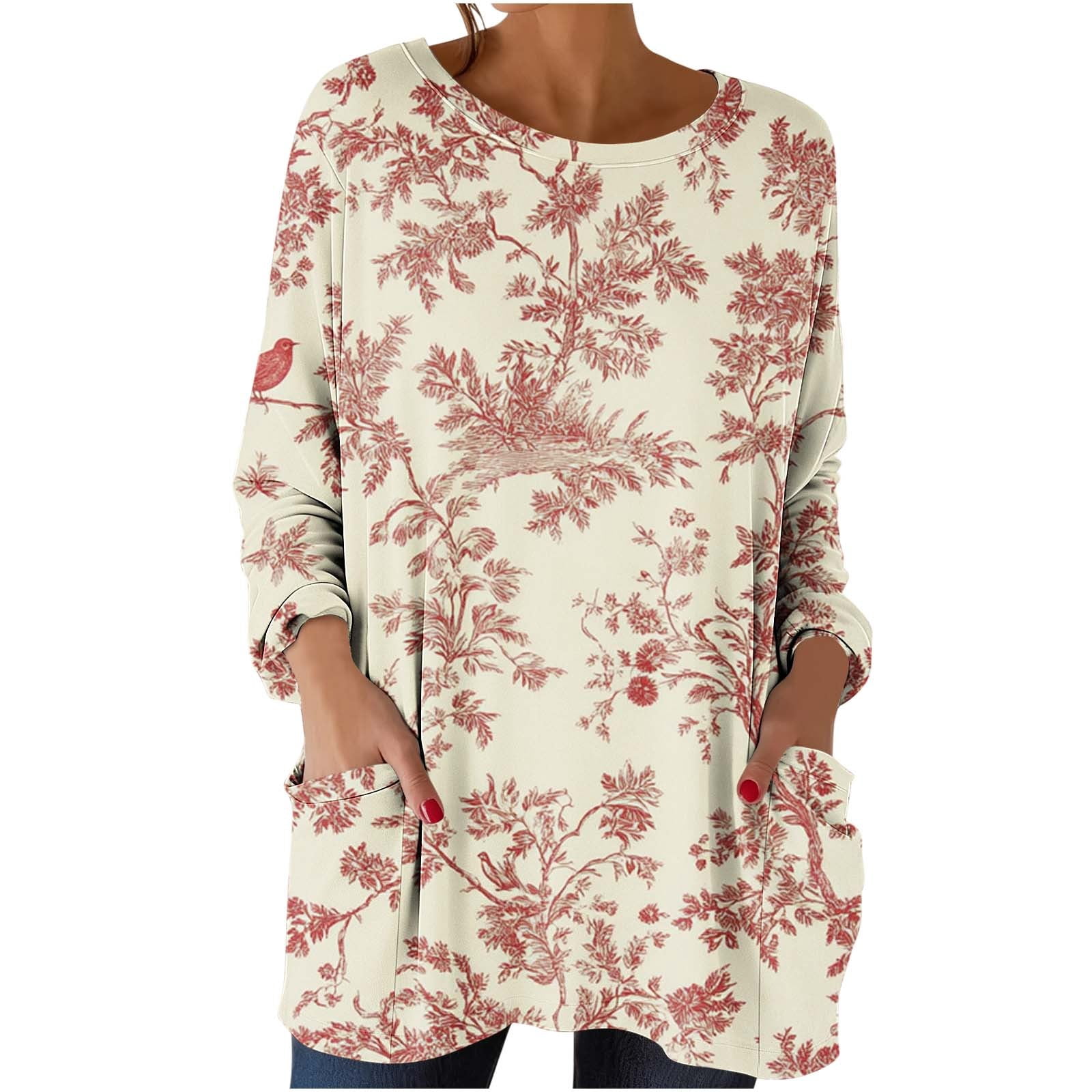 FAHXNVB Women's Graphic Print Crewneck T-Shirts Long Sleeve Loose Fit ...