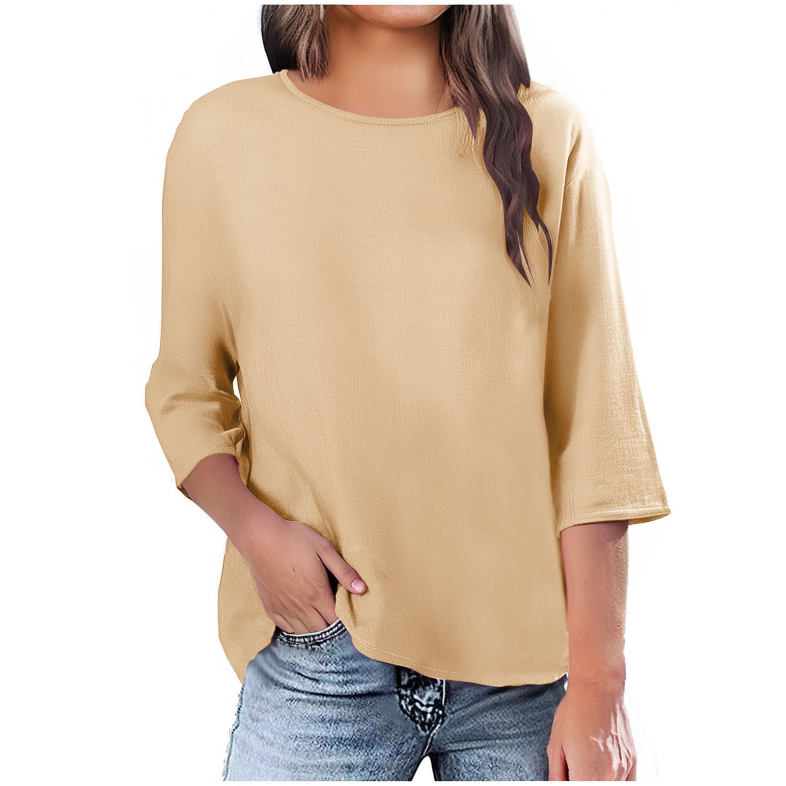 FAHXNVB Women's Linen Shirts Crew Neck 3/4 Sleeve Cotton Flowy Blouses ...