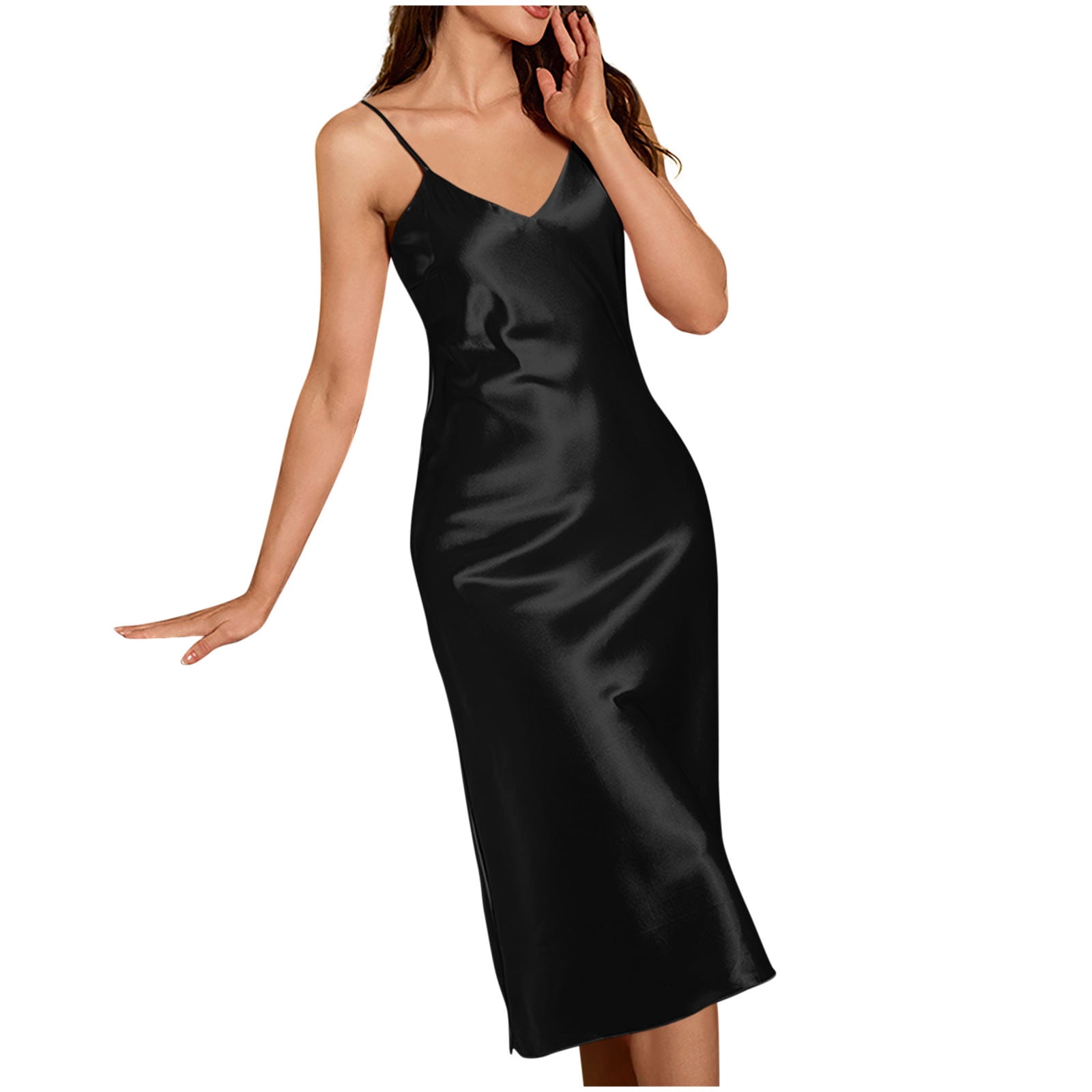 FAHXNVB Women's Long Satin Slip Nightgowns Lingerie Spaghetti Strap V ...