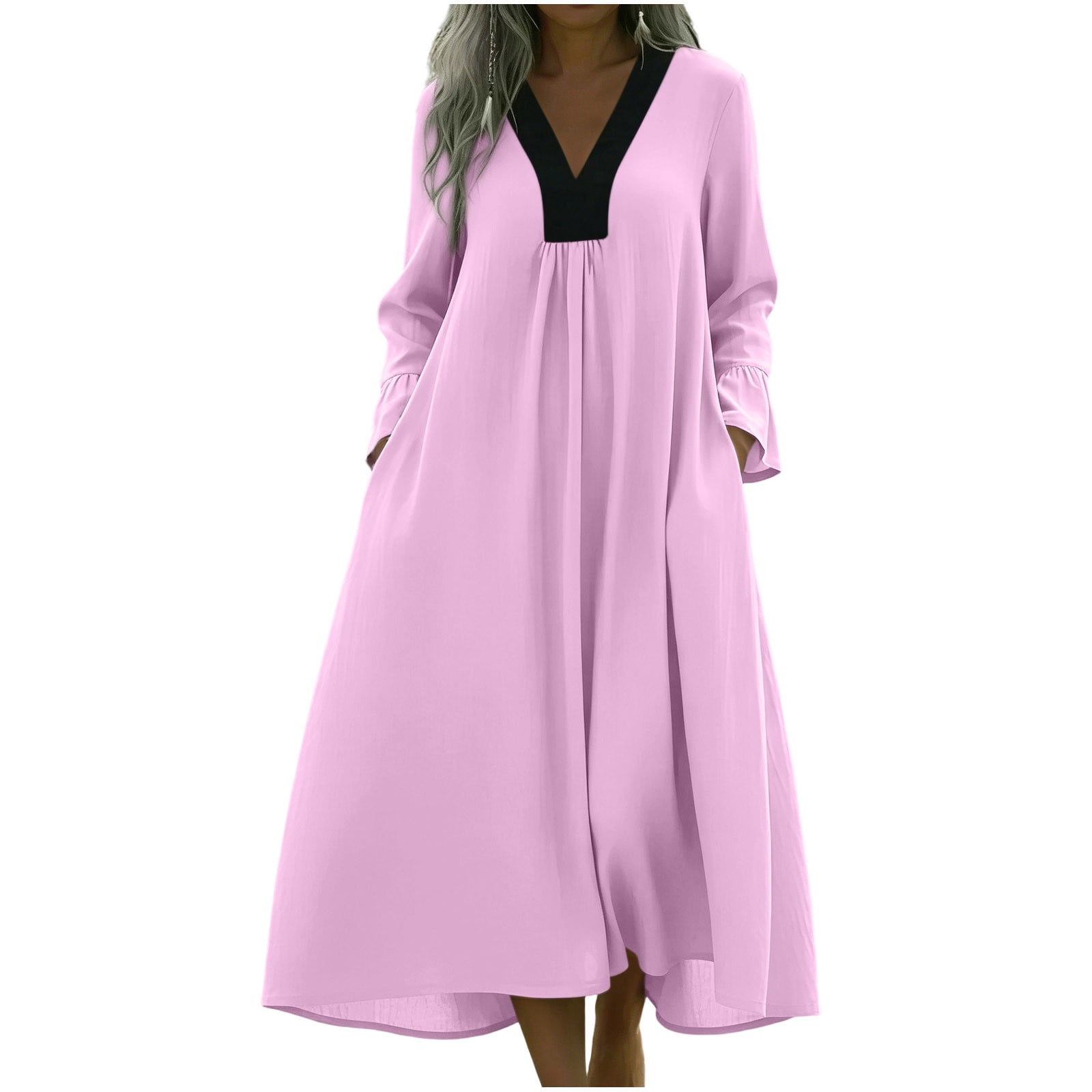 FAHXNVB Women's Long Sleeve Cotton Linen Maxi Dress Color Block V-Neck ...