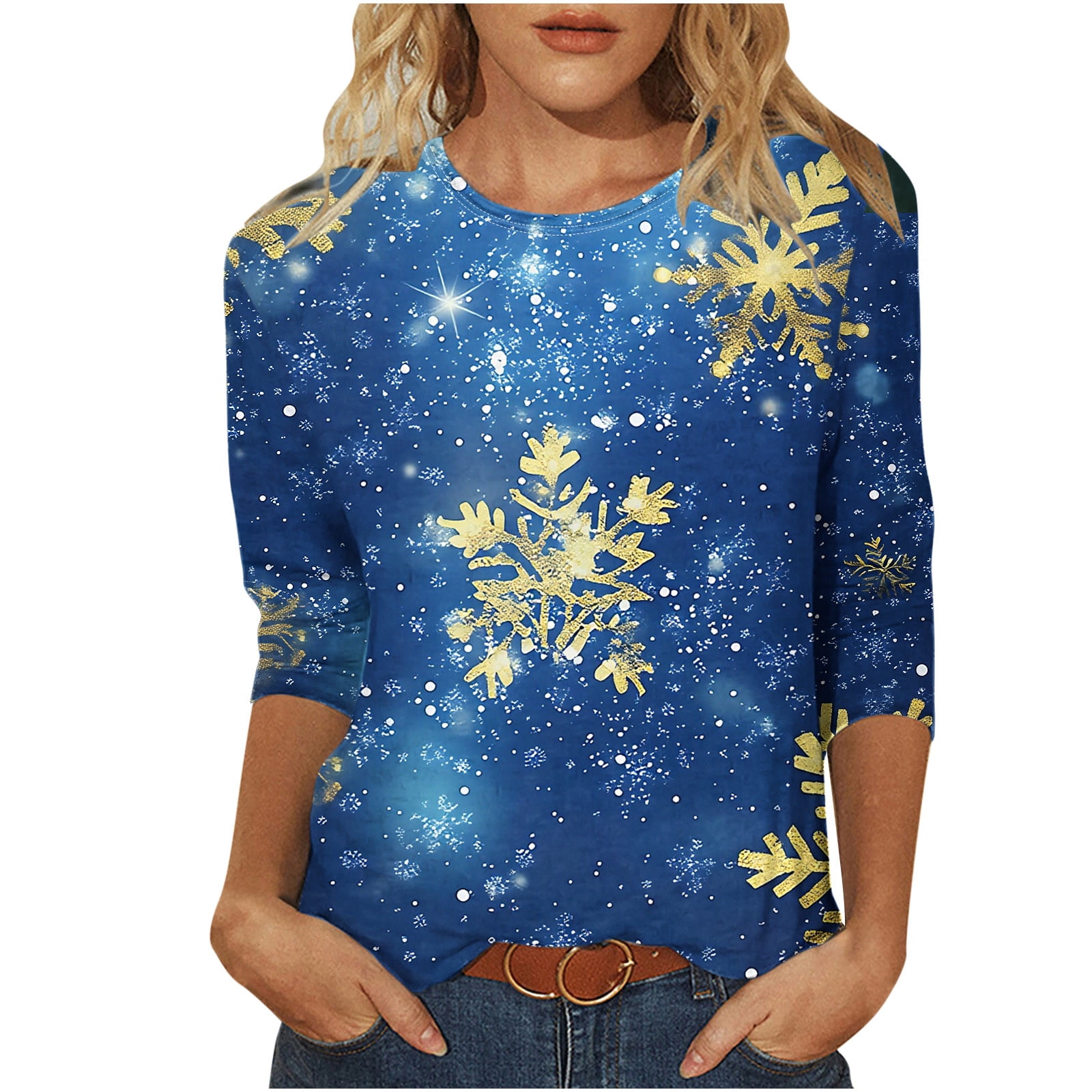 FAHXNVB Women's Merry Christmas Shirts Funny Xmas Trees Graphic 3/4 ...