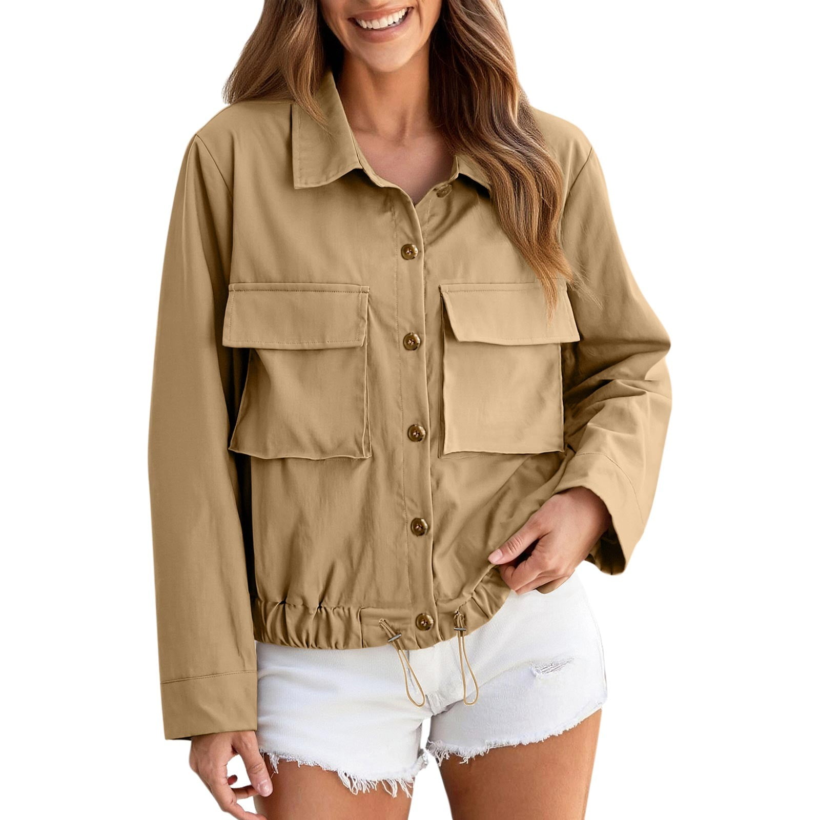 FAHXNVB Women's Military Cropped Jackets Button Down Lightweight ...