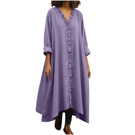FAHXNVB Women's Oversized Cotton Linen Dress Long Sleeve Ruffle V Neck ...