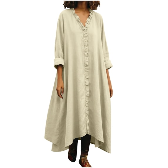 FAHXNVB Women's Oversized Cotton Linen Dress Long Sleeve Ruffle V Neck ...