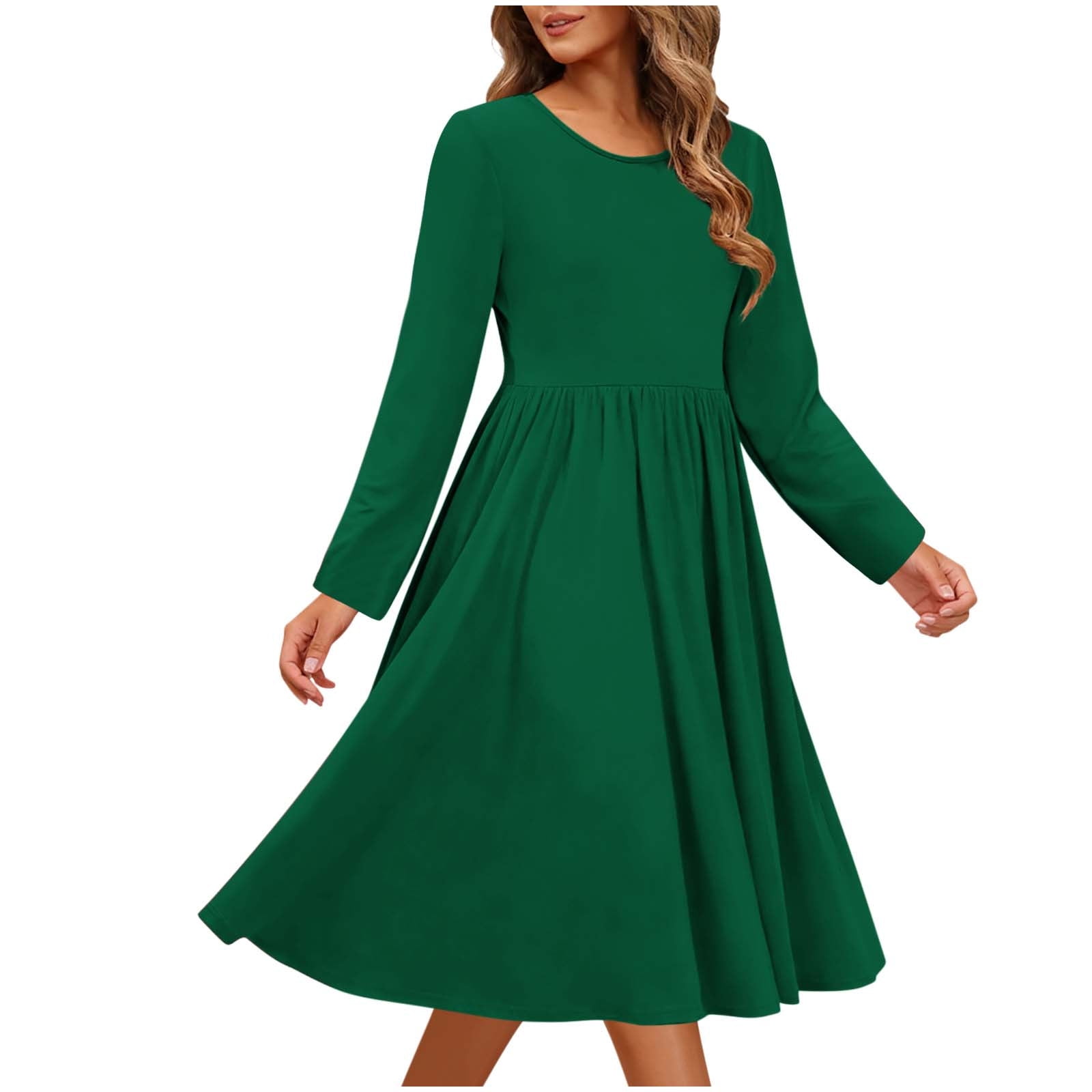 FAHXNVB Women's Pleated Midi Dresses Fashion Long Sleeves Crewneck ...