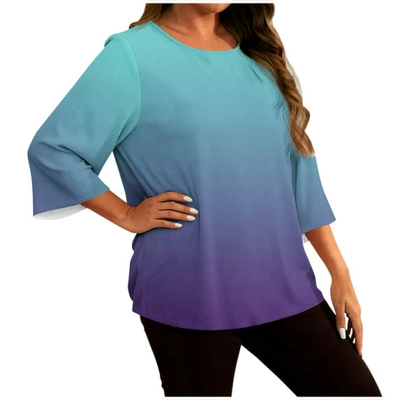 FAHXNVB Women's Plus Size Crewneck T-Shirts 3/4 Sleeve Gradient Color ...