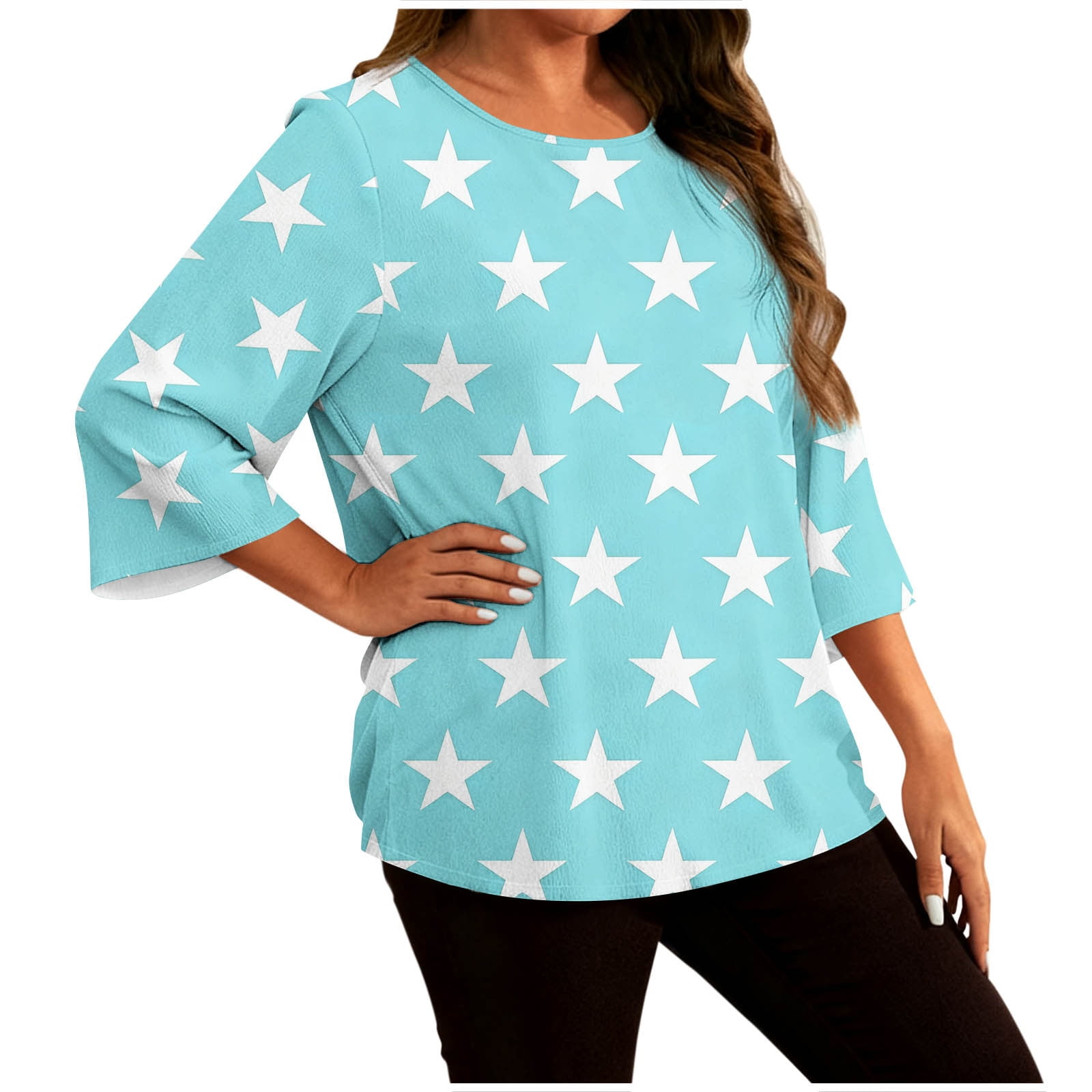 FAHXNVB Women's Plus Size Crewneck T-Shirts 3/4 Sleeve Lovely Stars ...