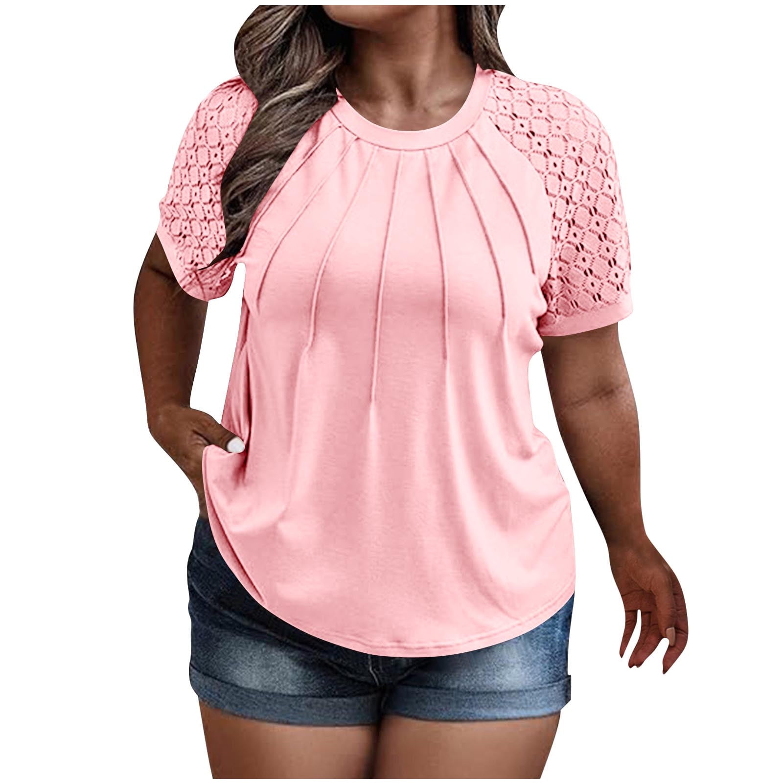 FAHXNVB Women's Plus Size Crewneck T-Shirts Lace Short Sleeve Solid ...