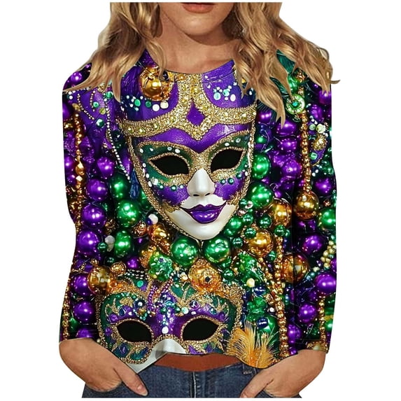 FAHXNVB Women's Plus Size Crewneck T-Shirts Long Sleeve Carnival Print ...