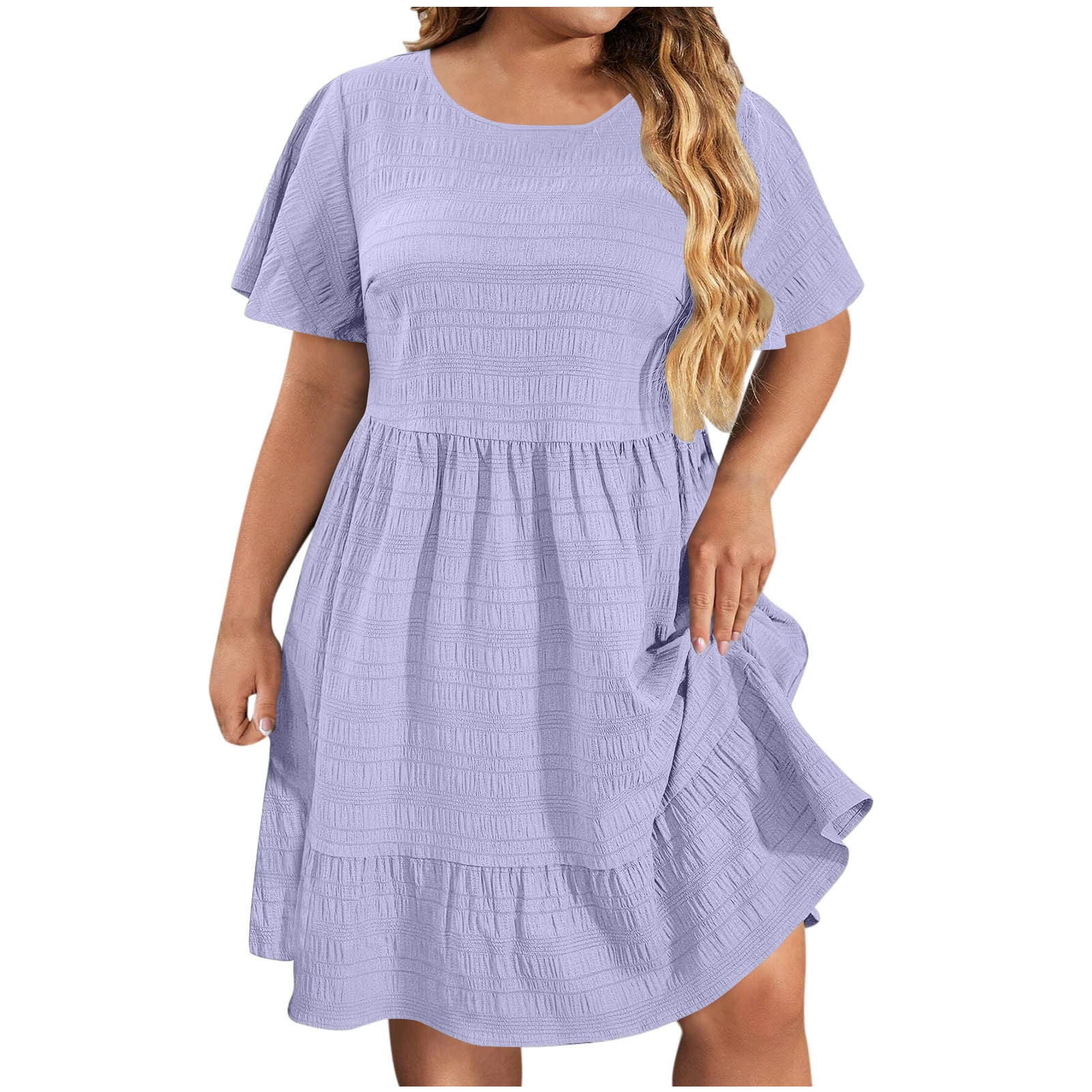 FAHXNVB Women's Plus Size Dress Crew Neck Ruffle Short Sleeve Tiered ...