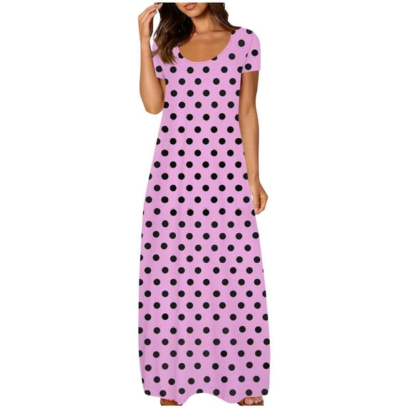 FAHXNVB Women's Plus Size Maxi Dress Polka Dot Print Short Sleeve Crewneck Summer Long Dresses ...
