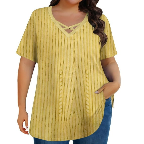 FAHXNVB Women's Plus Size V-Neck T-Shirts Striped Cross Over Tie Short ...
