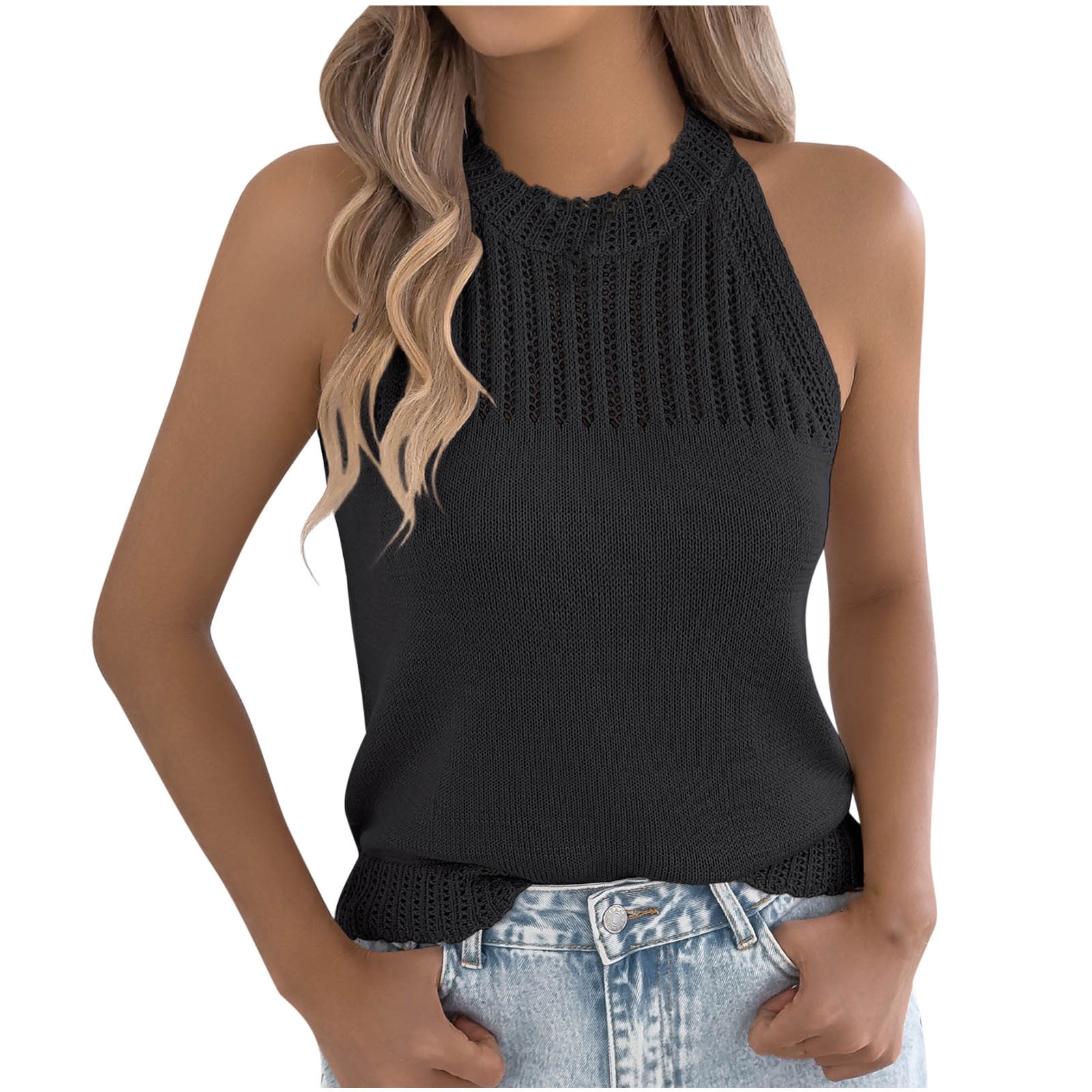 FAHXNVB Women's Summer Knit Tank Tops Racerback High Neck Lightweight ...