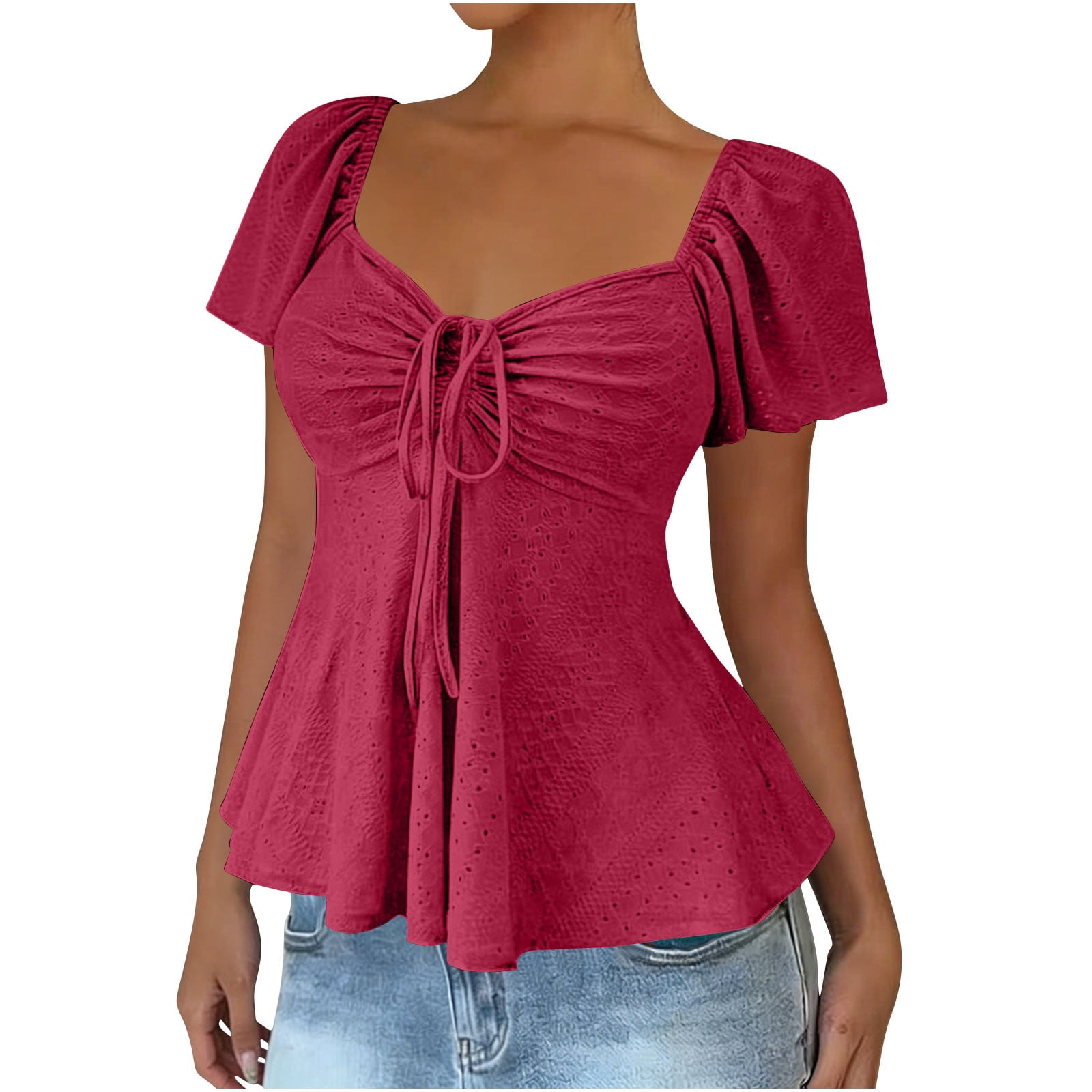 FAHXNVB Women's V Neck Shirts Twist Front Bow Tie Puff Short Sleeve ...