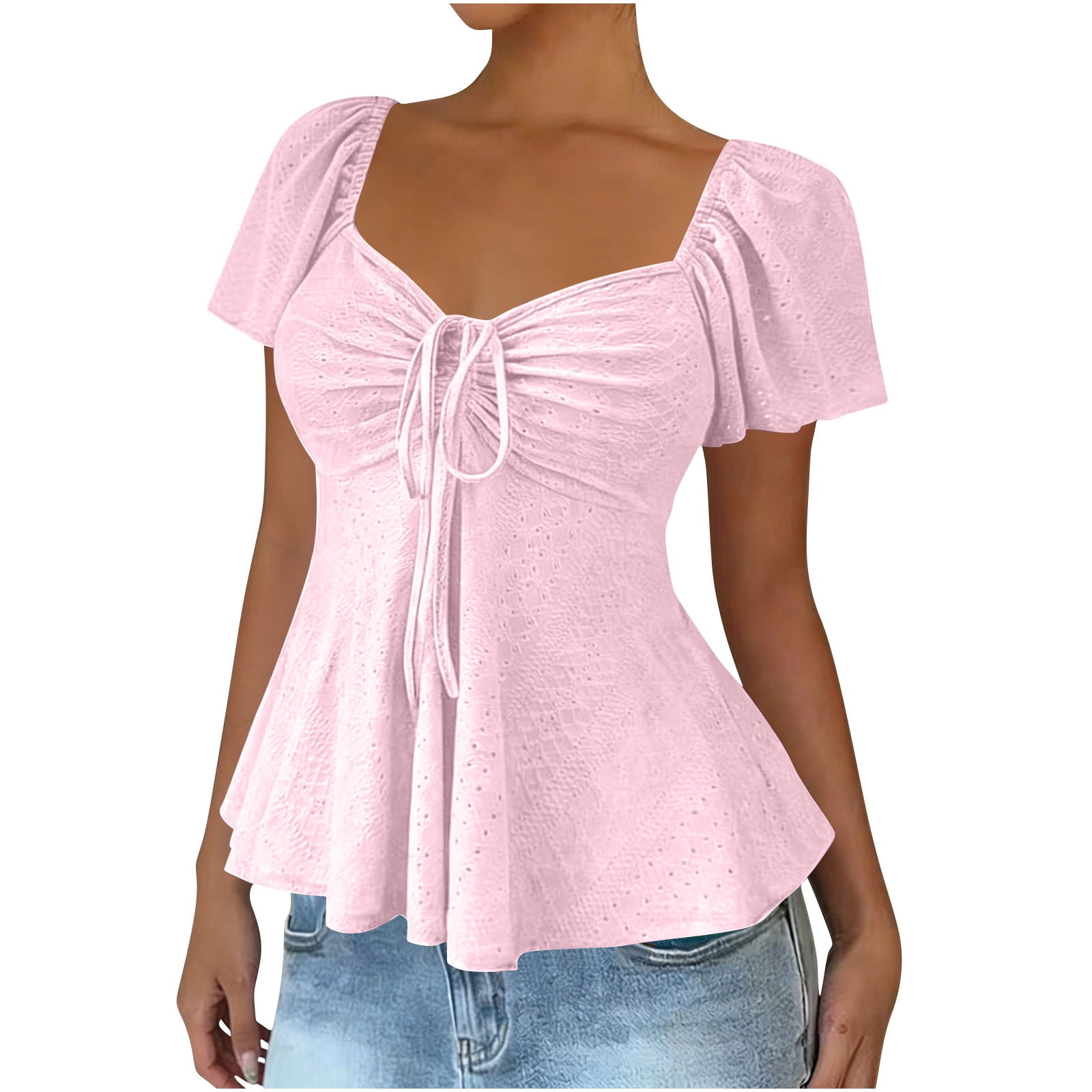 FAHXNVB Women's V Neck Shirts Twist Front Bow Tie Puff Short Sleeve ...