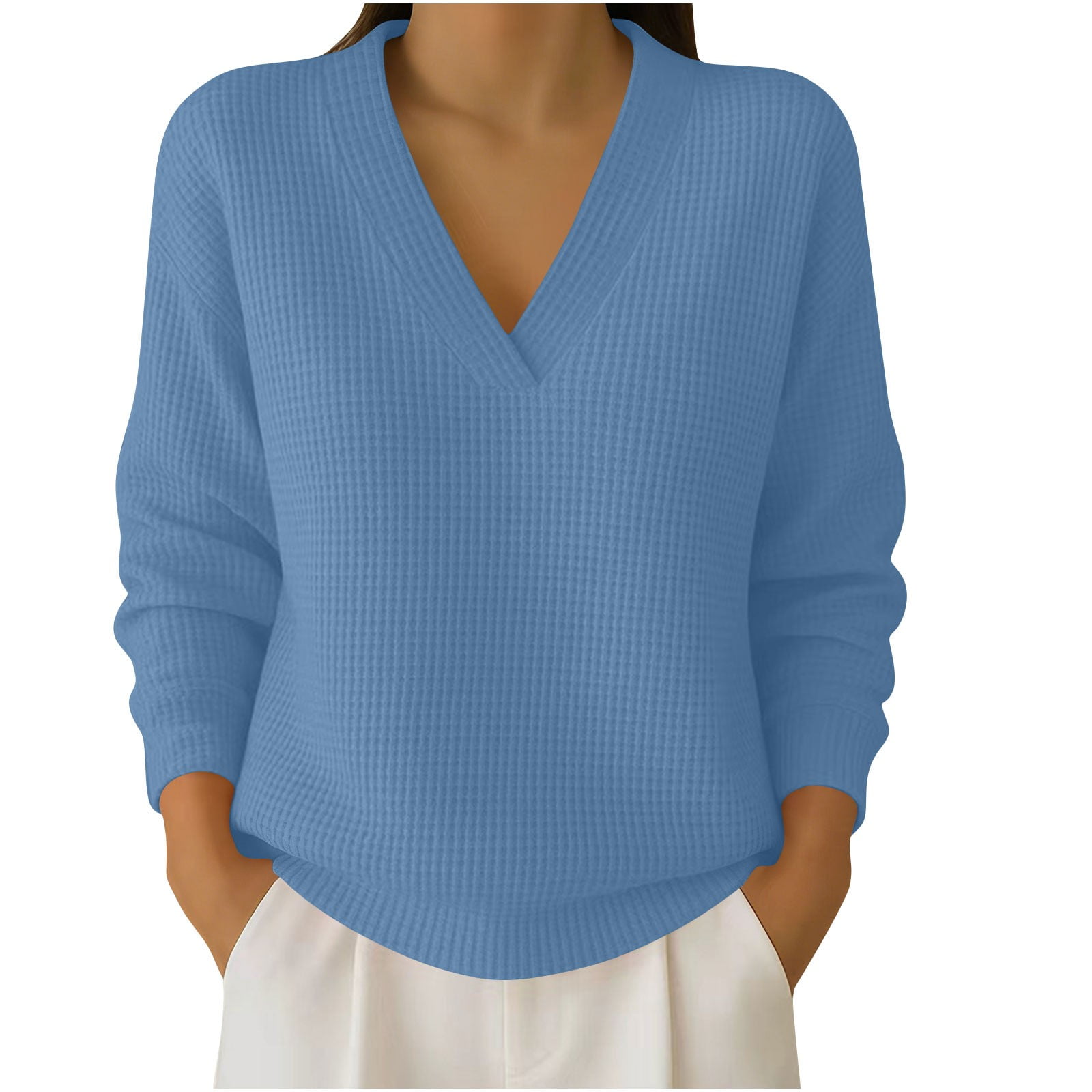 FAHXNVB Women's V Neck Waffle Top Long Sleeve Solid Color Loose Fit T ...