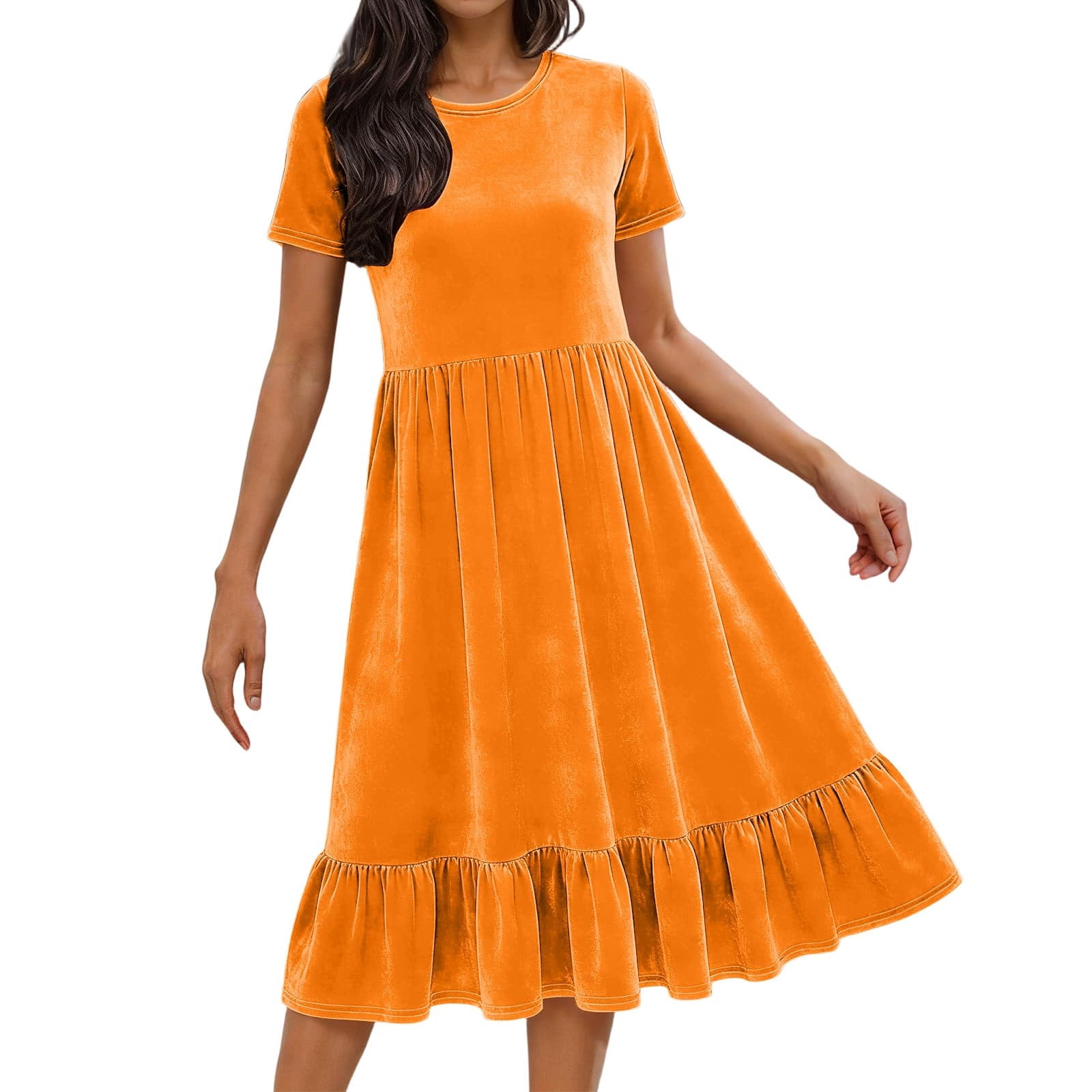 FAHXNVB Women's Velvet Dress Short Sleeve Crew Neck Ruffle Hem A-Line ...