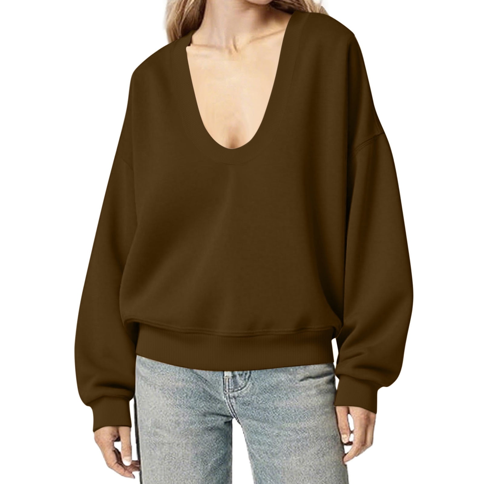 FAHXNVB Womens Deep Plunge V Neck Sweatshirts Oversized U Neck Long ...