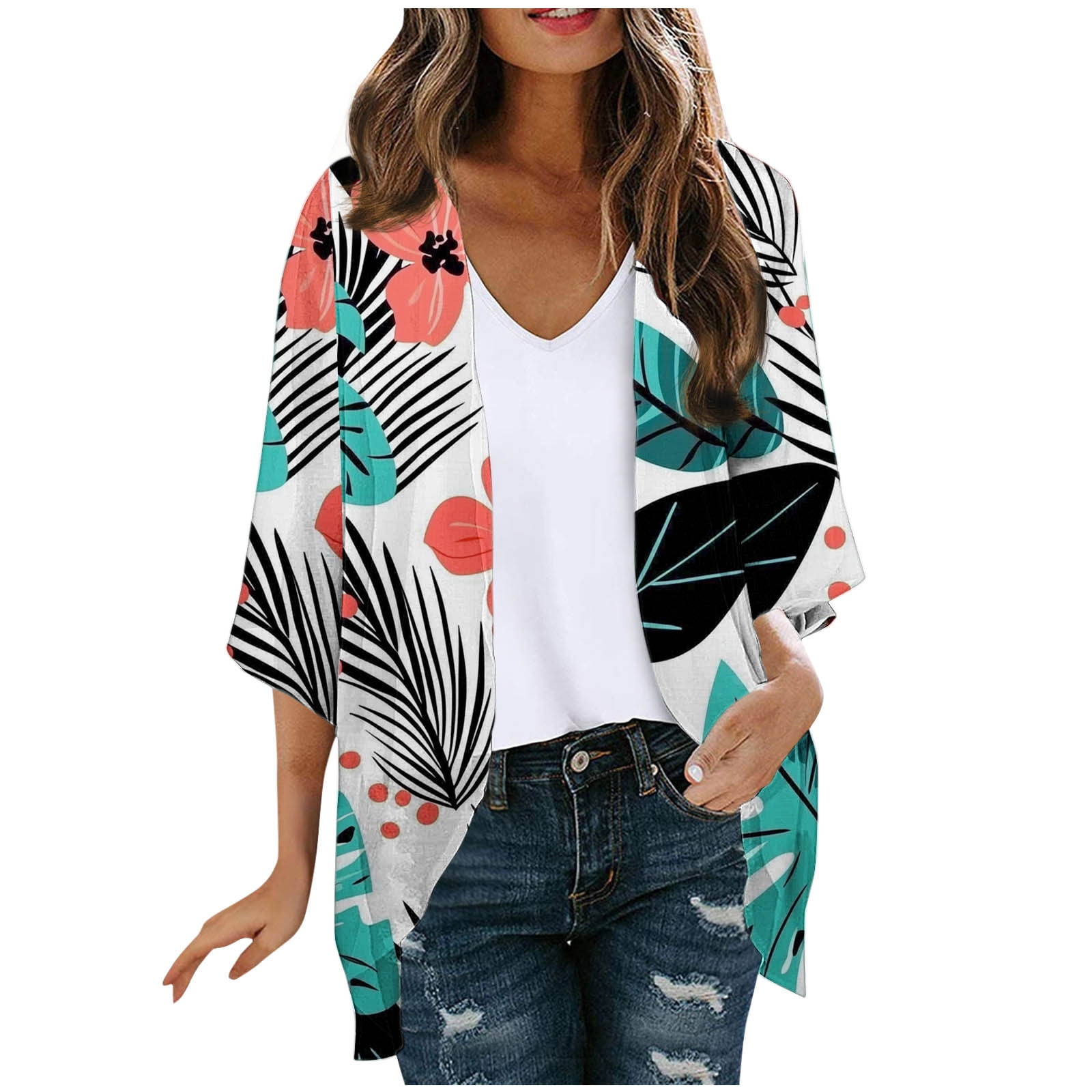 FAHXNVB Womens Kimono Cardigans Hawaiian Printed 3/4 Sleeve Sheer Open ...