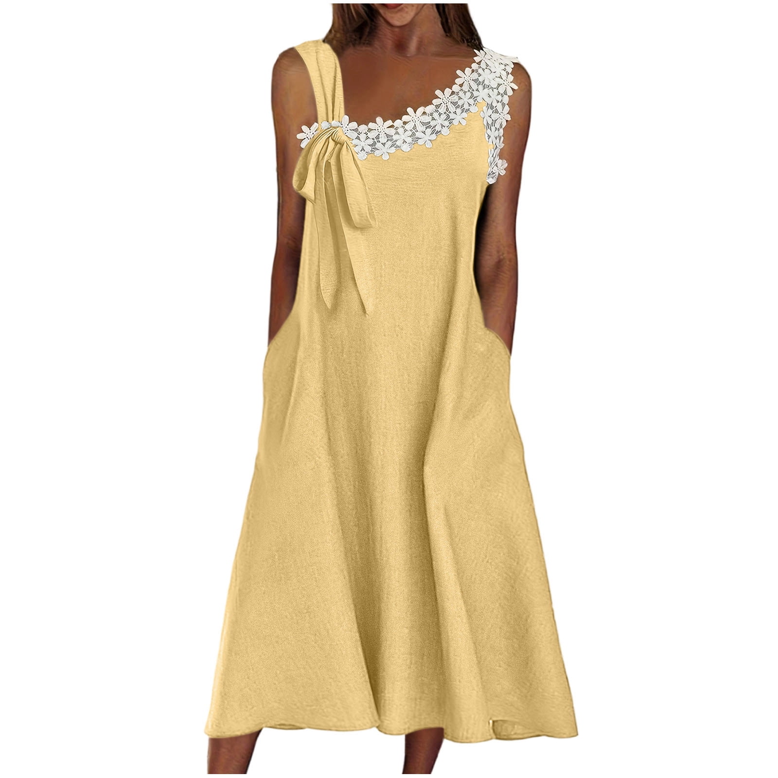 FAHXNVB Womens One-Shoulder Lace Trim Maxi Dress Sleeveless Folwy Sun ...